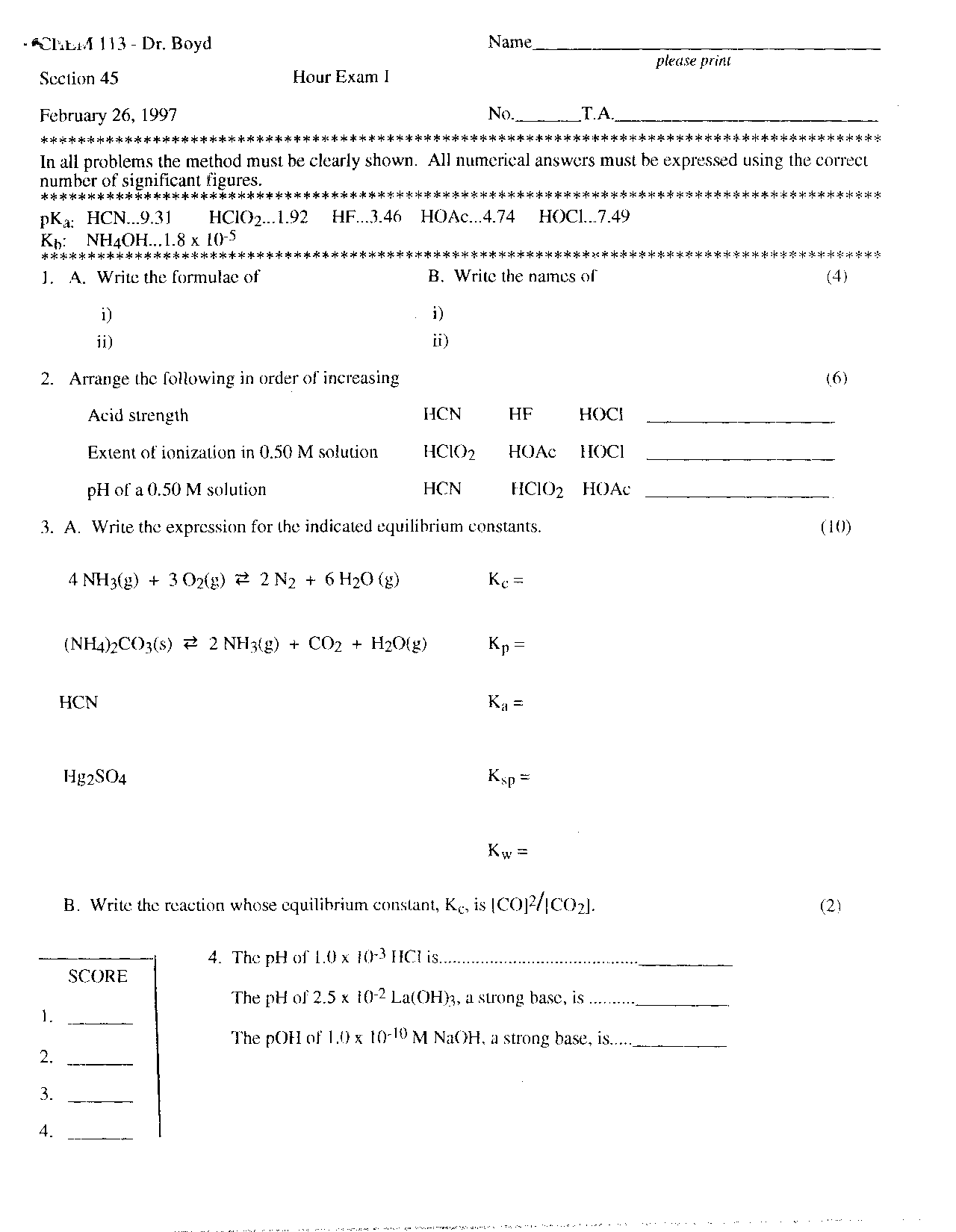 Unsolved Exam 1 For Chemistry Fundamentals Ii Chem 271 Docsity