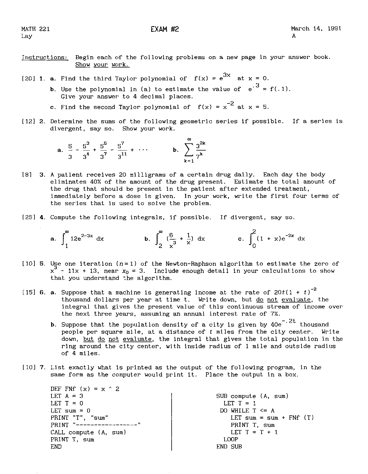 Exam 2 With 7 Questions Elementary Calculus I Math 221 Docsity