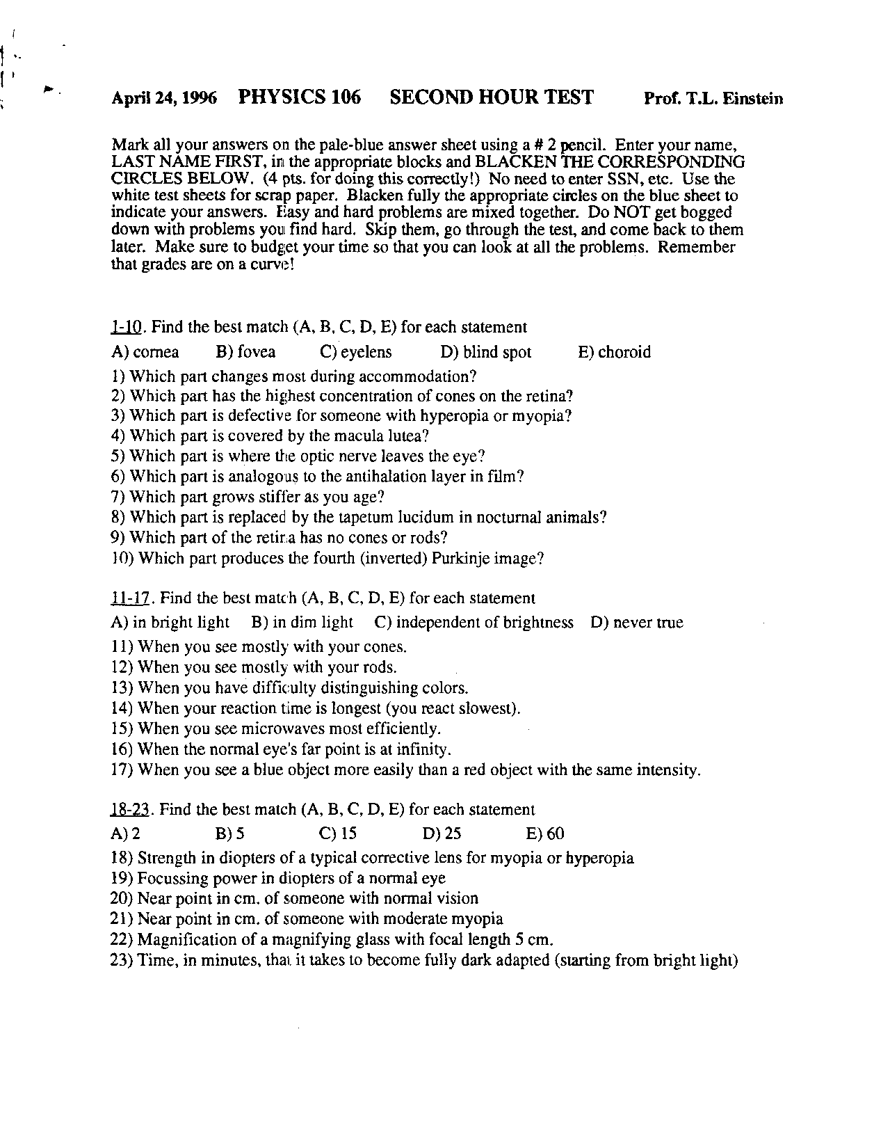 Exam 2 For Light Percept And Phenomenon Phys 106 Docsity