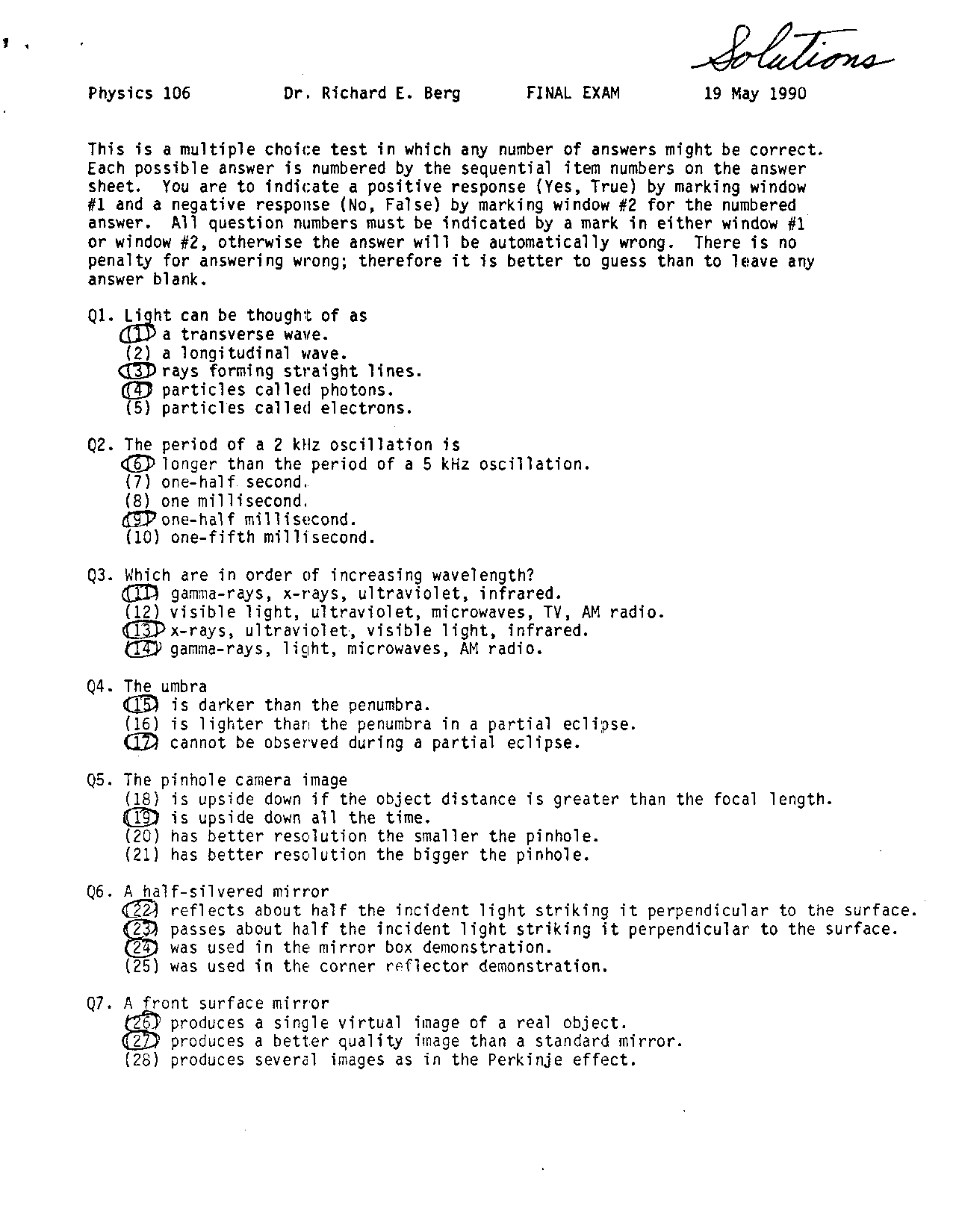 Solved Multiple Choice Questions Of Light Perception And Phenomenon