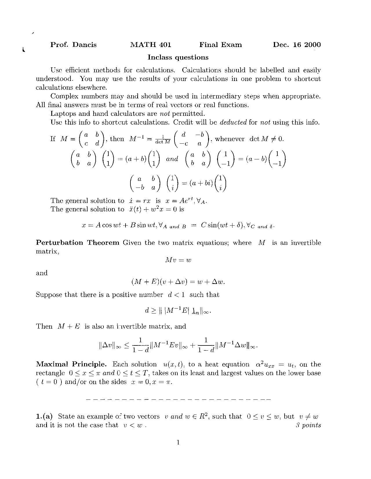Practice Final Exam Applications Of Linear Algebra Math 401 Docsity