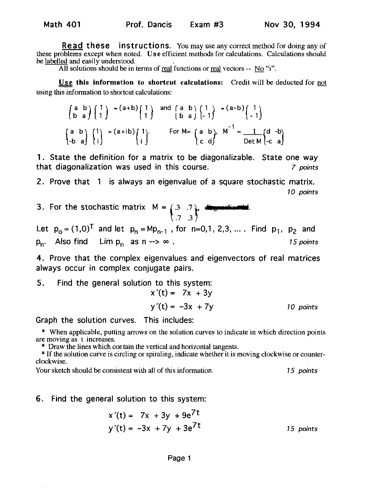 6 Questions Exam 3 Applications Of Linear Algebra Math 401 Docsity