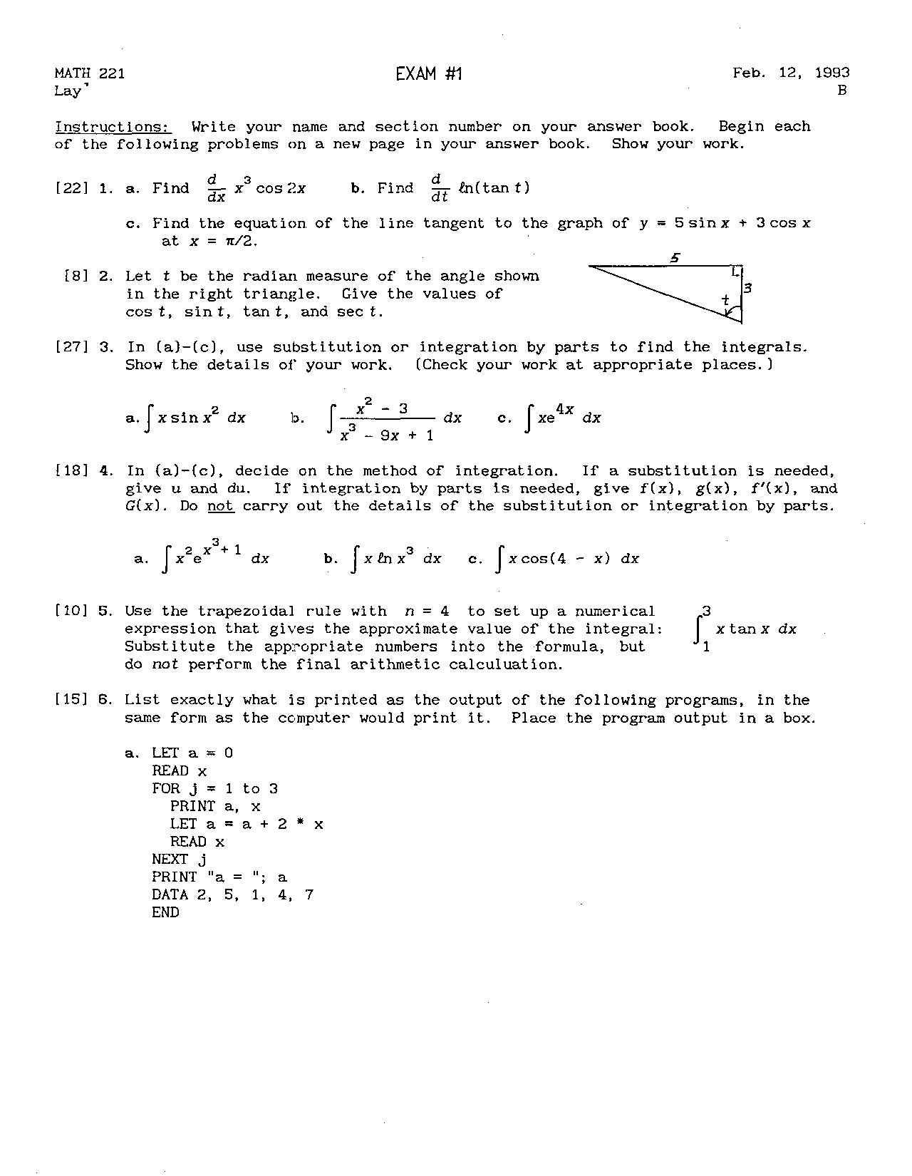 Elemental Calculus I - 6 Questions - Exam 1 - Fall 1993 | MATH 221 ...