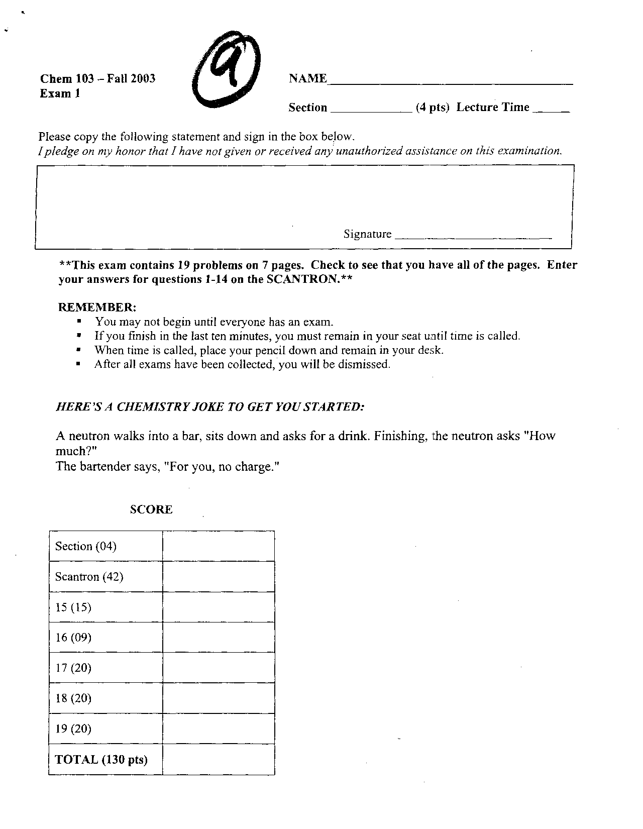 Exam 1 With Multiple Choice Questions Chemistry Fundamentals I Chem