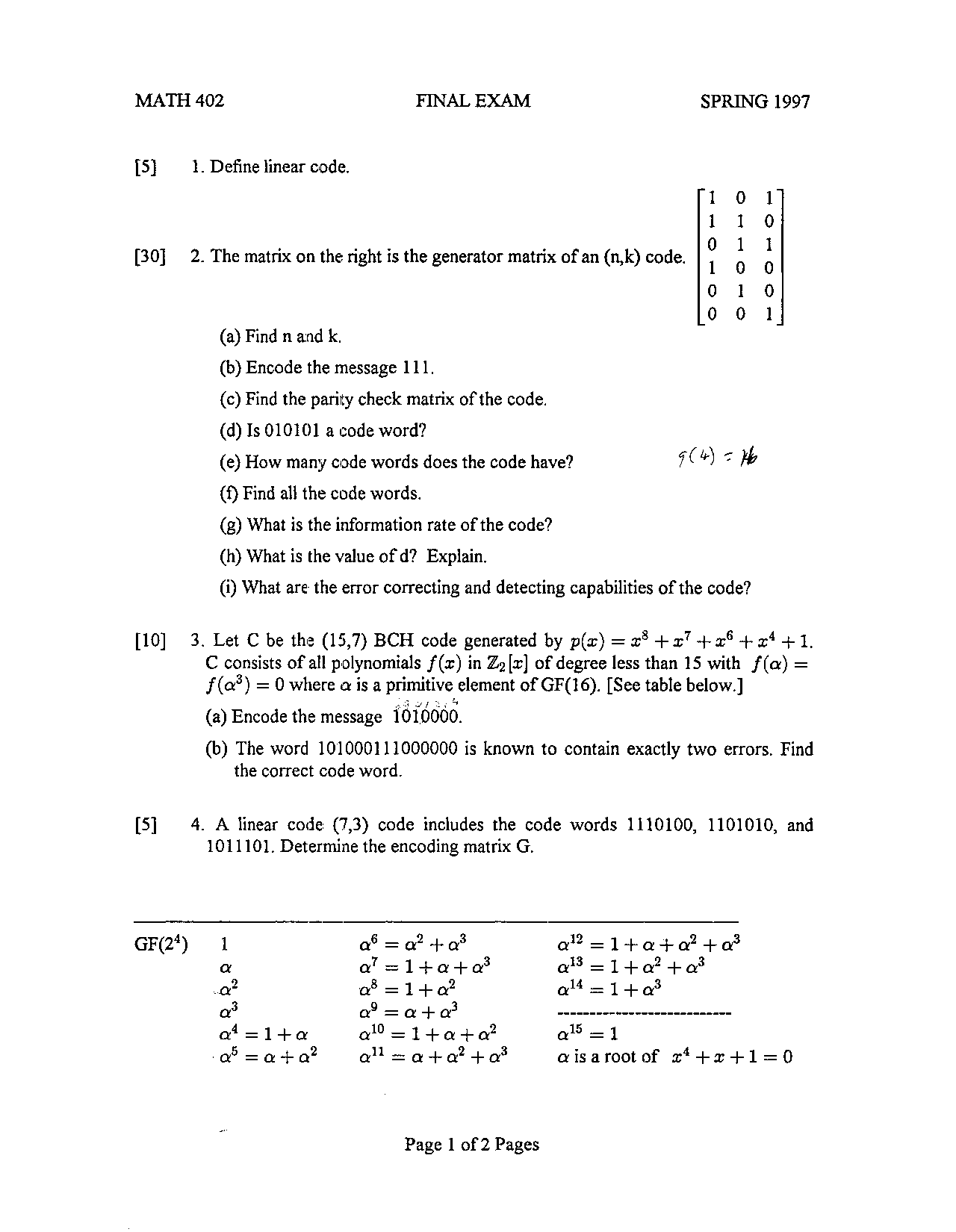 Final Exam Questions Algebraic Structures Spring 1997 Math 402
