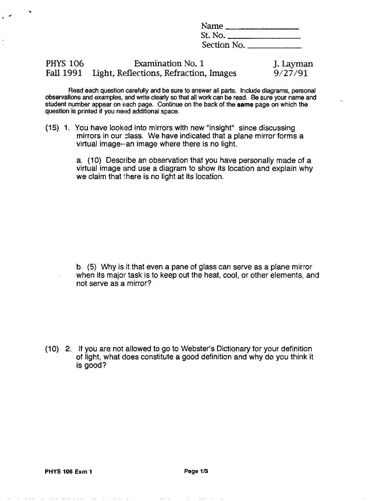 Light Reflection Refraction And Image Exam 1 Fall 1991 Phys 106