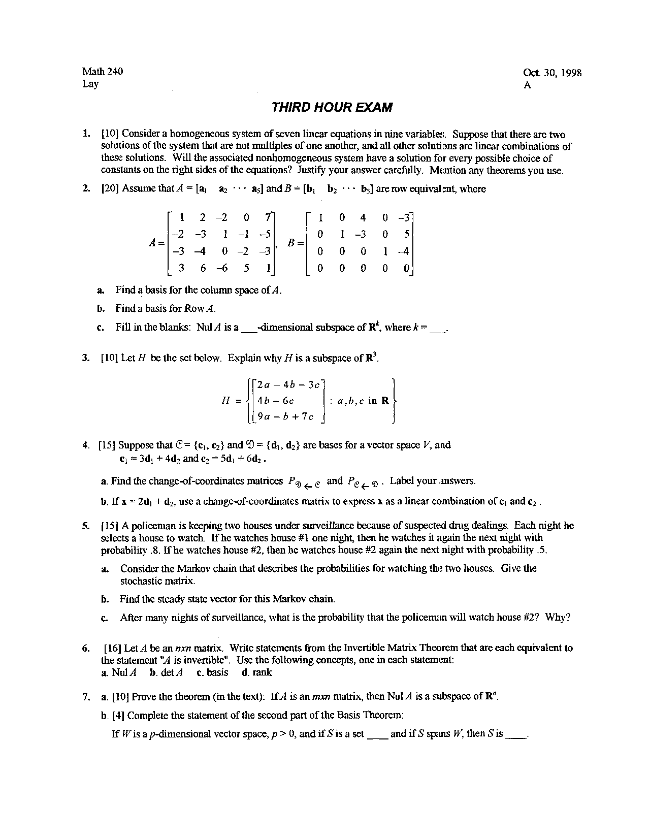Introduction To Linear Algebra Practice Exam Math 240 Docsity