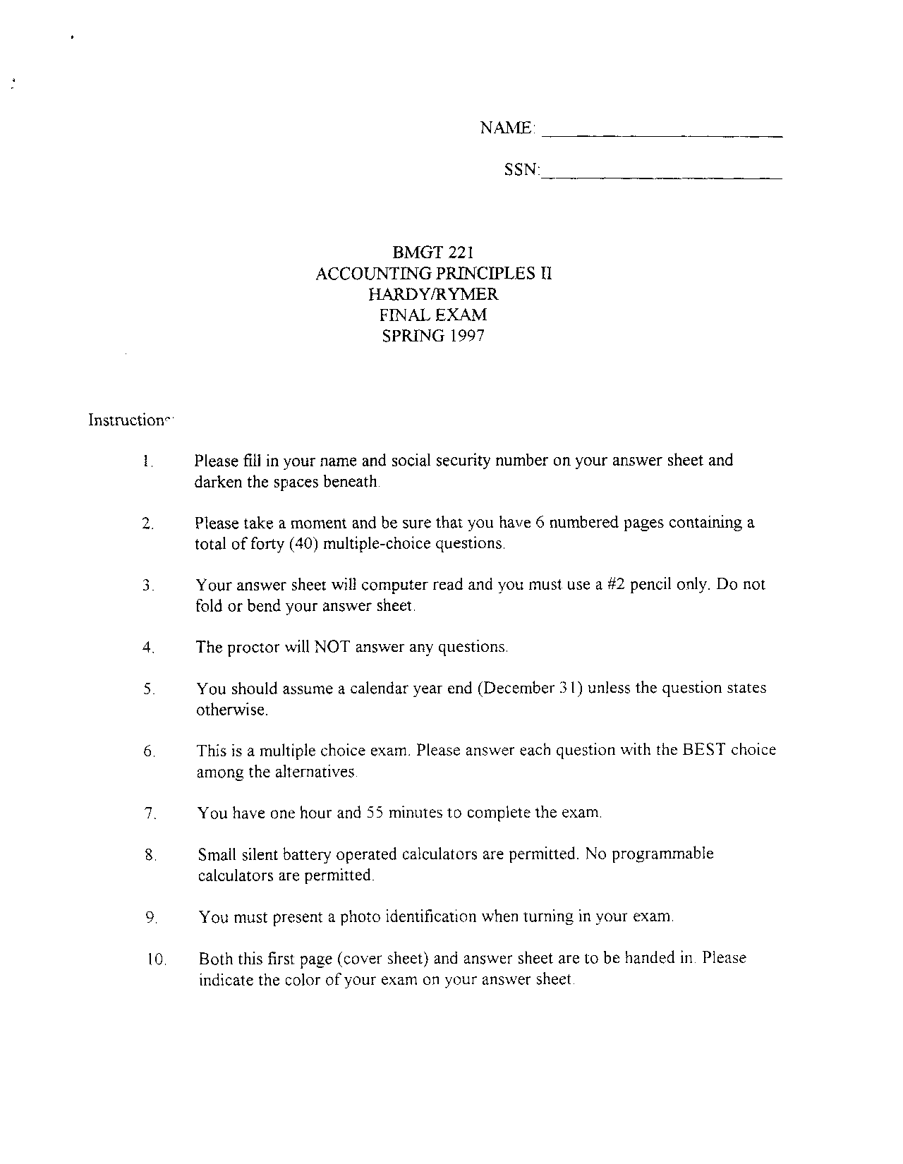 Final Exam With Solution For Accounting Principles Ii Bmgt 221 Docsity
