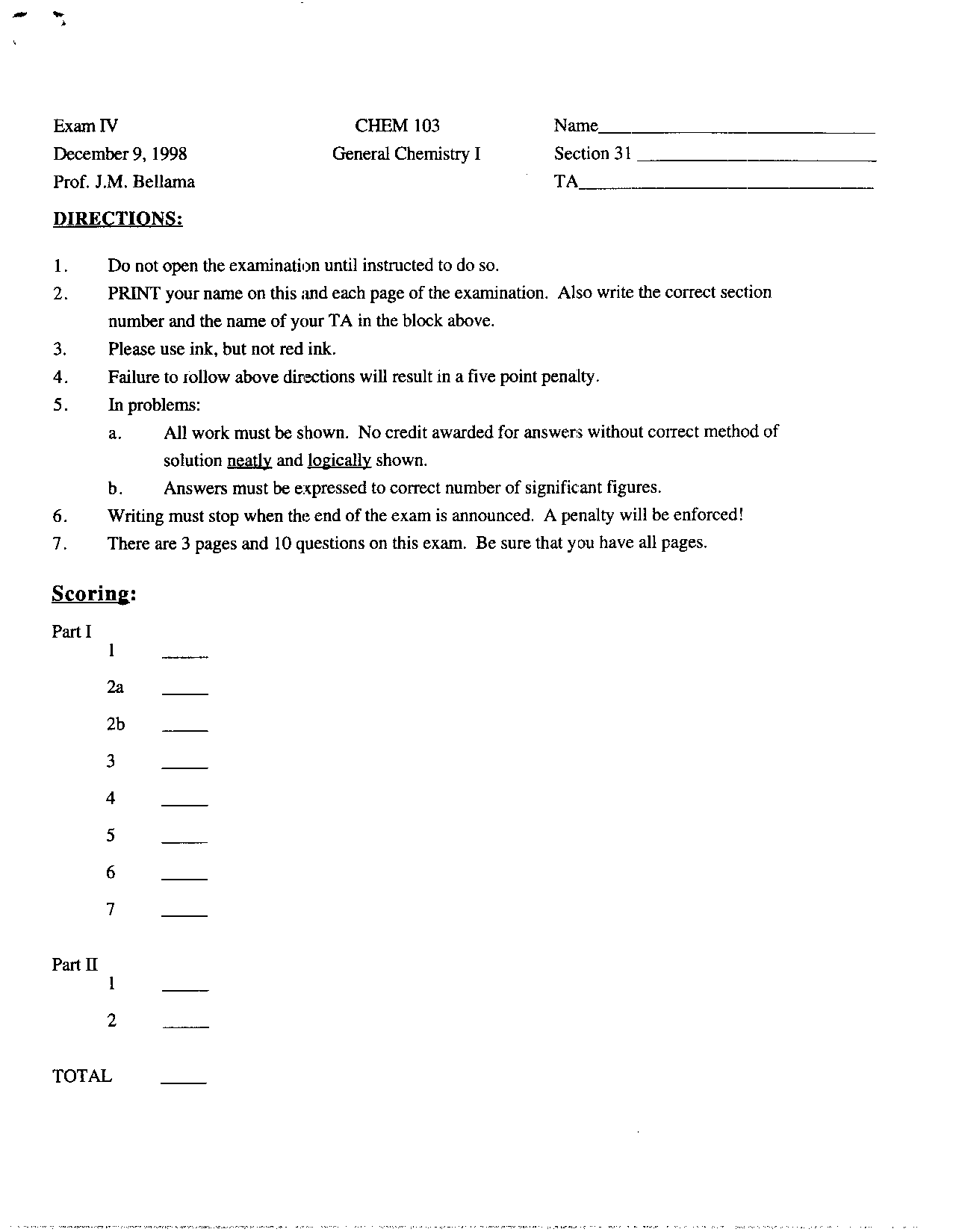 Questions On General Chemistry I Examination 4 Chem 131 Docsity