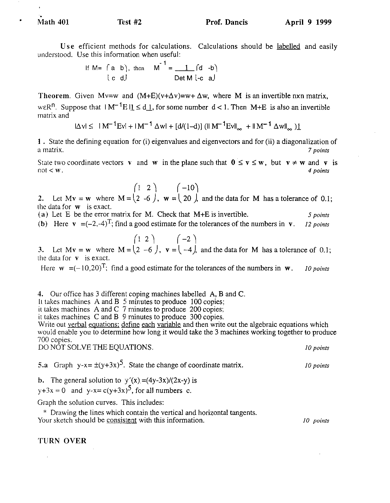 Test 2 Questions Linear Algebra And Its Applications Math 401 Docsity