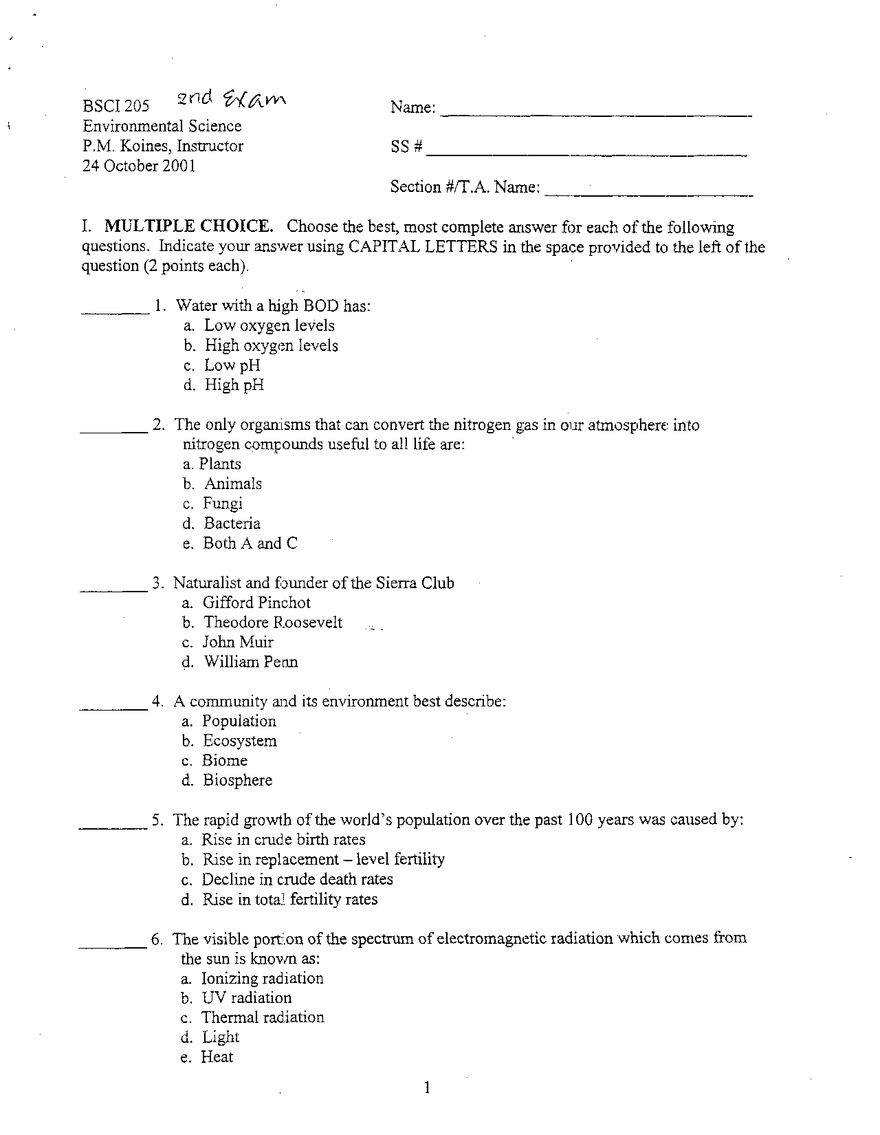Practice Exam 2 Environmental Science Bsci 205 Docsity