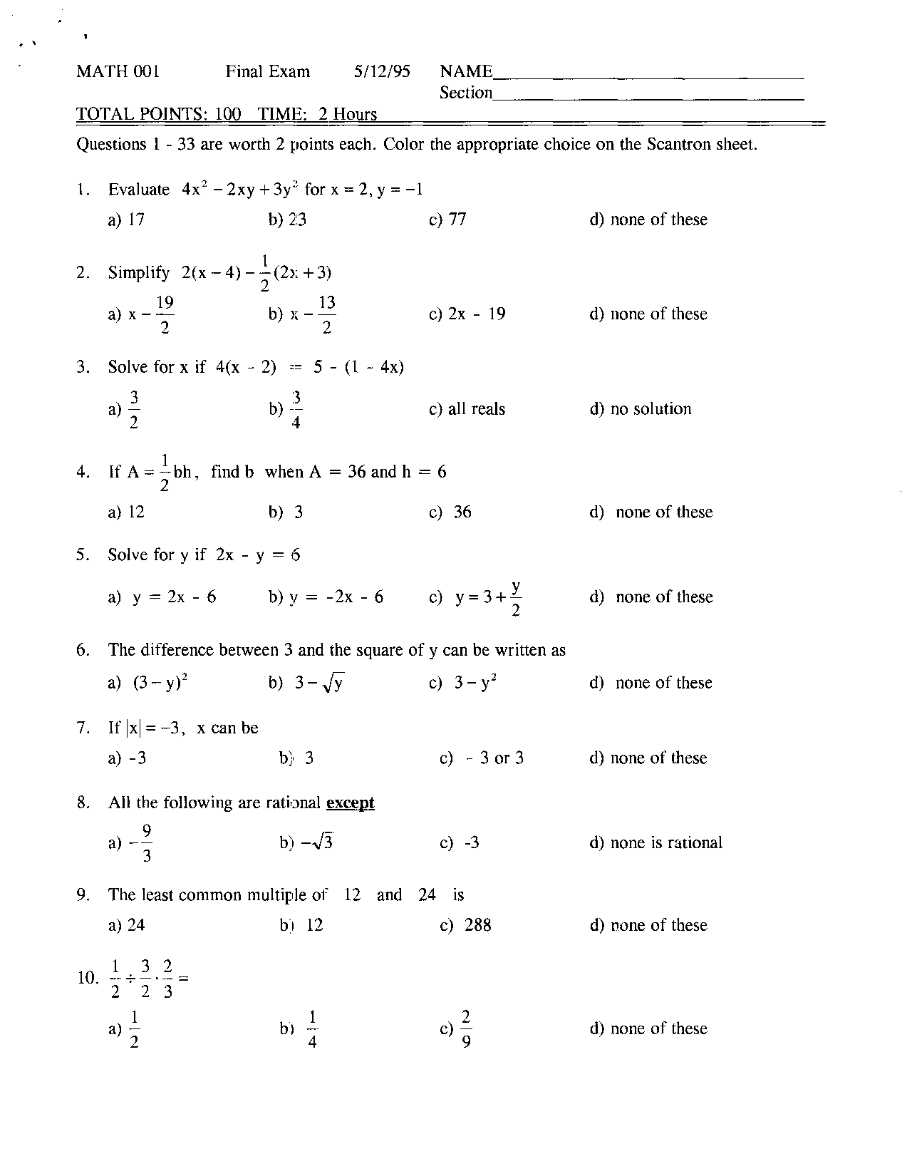 41 Problems On Linear Algebra Final Examination Math 001 Docsity