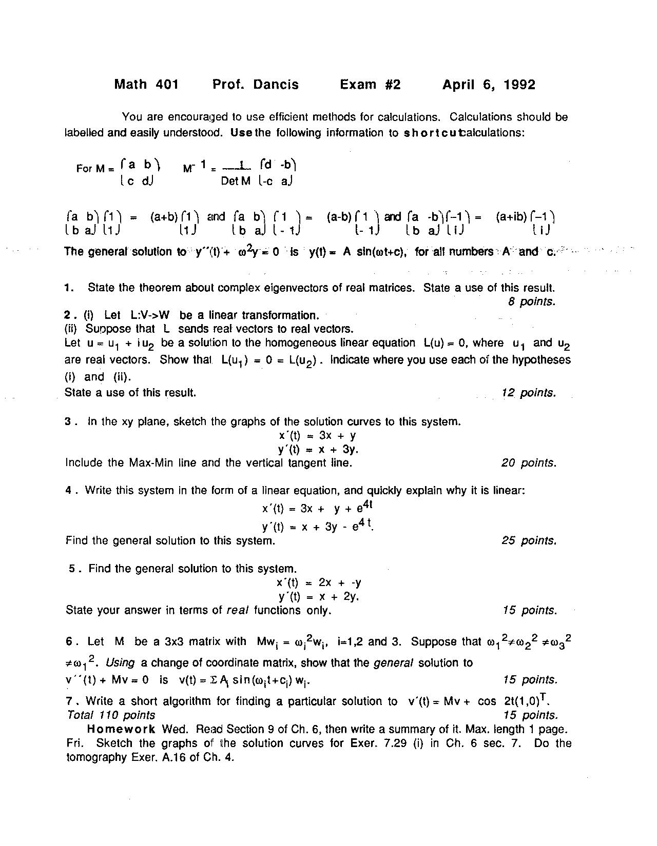 Applications Of Linear Algebra 7 Problems Exam 2 Math 401 Docsity