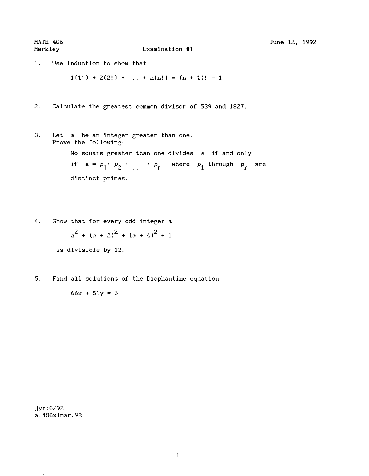 5 Problems Exam 1 Introduction To Number Theory Math 406 Docsity