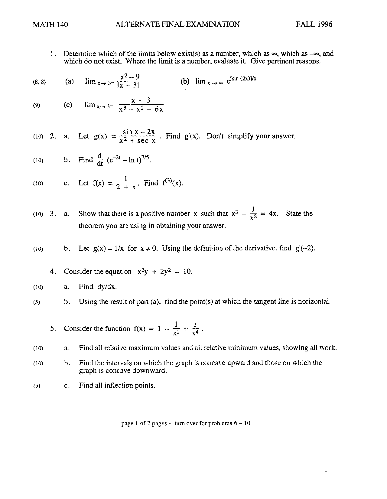10 Questions of Calculus I - Final Exam Fall 1996 | MATH 140 - Docsity