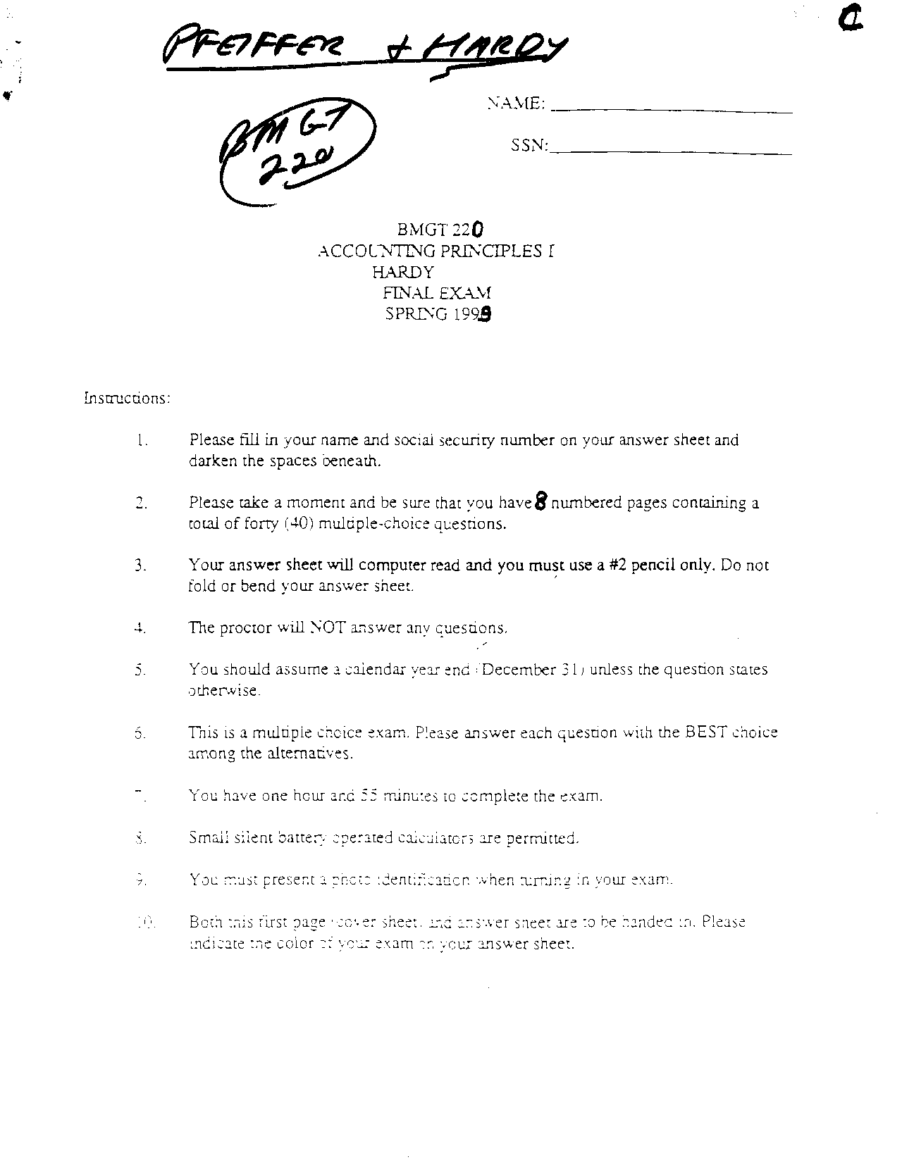 Final Exam With 40 Questions Principles Accounting I Bmgt 220 Docsity