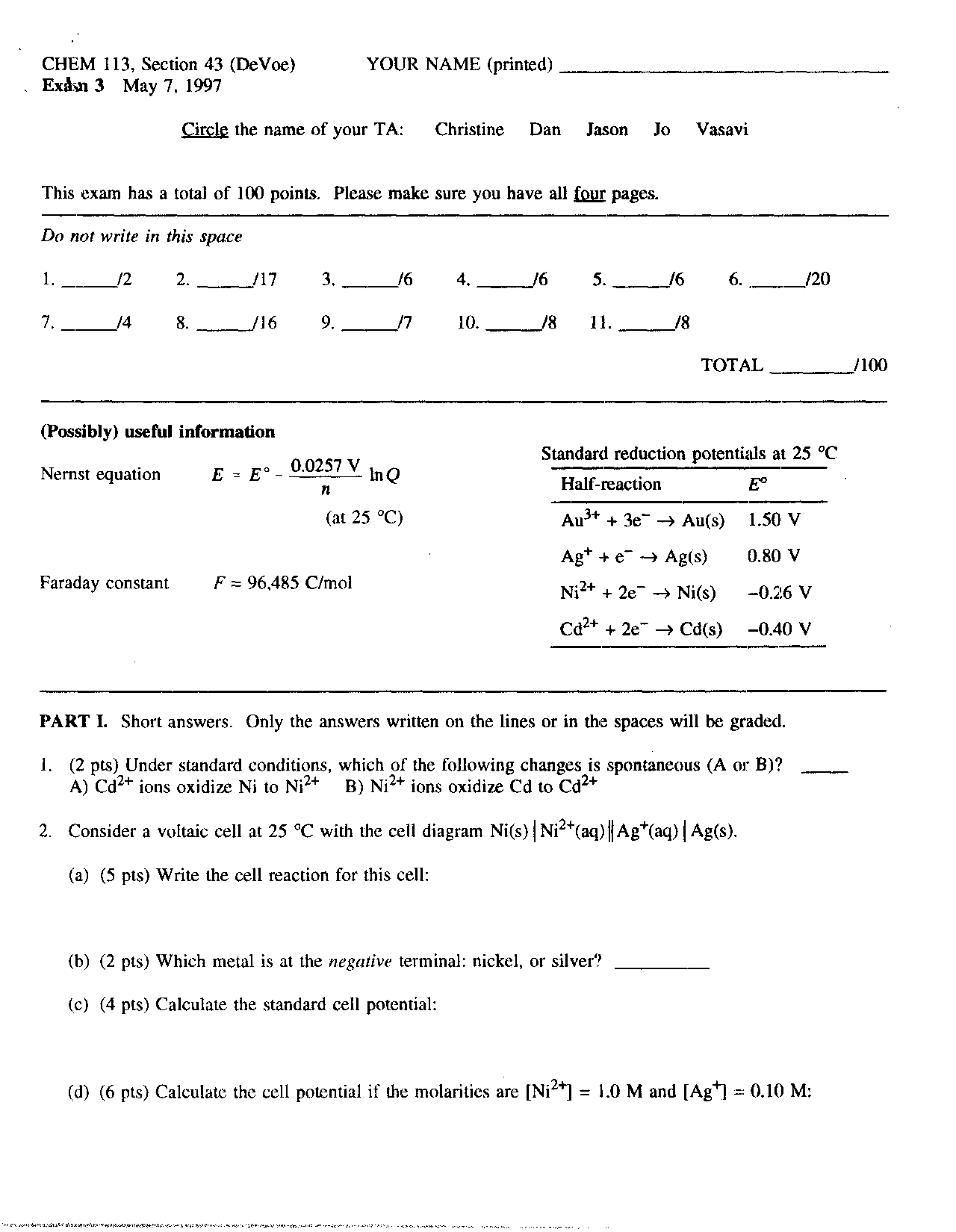 10 Practice Questions For Exam 3 Fundamentals I Chemistry Chem 271