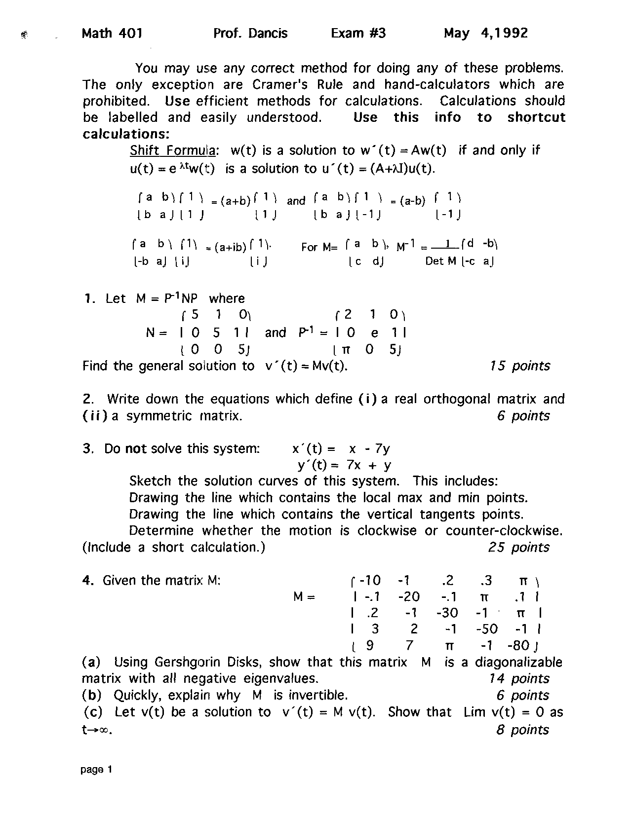 7 Questions Exam 3 Applications Of Linear Algebra Fall 1992 Math
