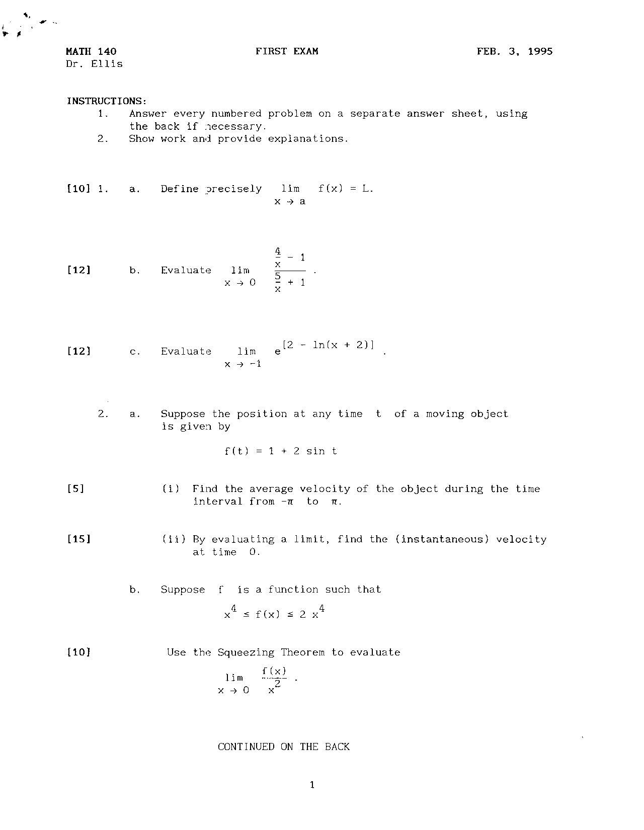 Evaluating Limits Exam 1 Calculus I 1995 Math 140 Docsity