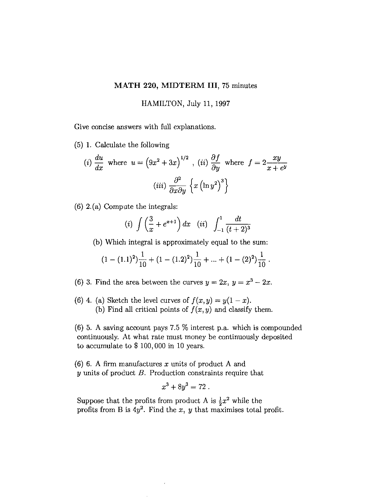 Midterm 3 For Elementary Calculus I Math 220 Docsity