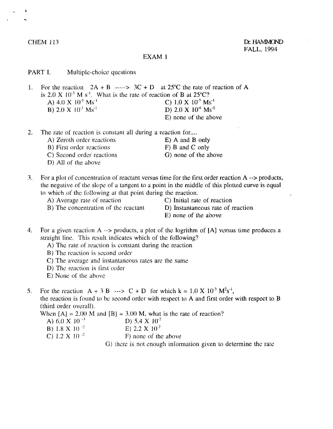 Multiple Choice Questions In Exam 1 Chemistry Fundamentals Ii Chem
