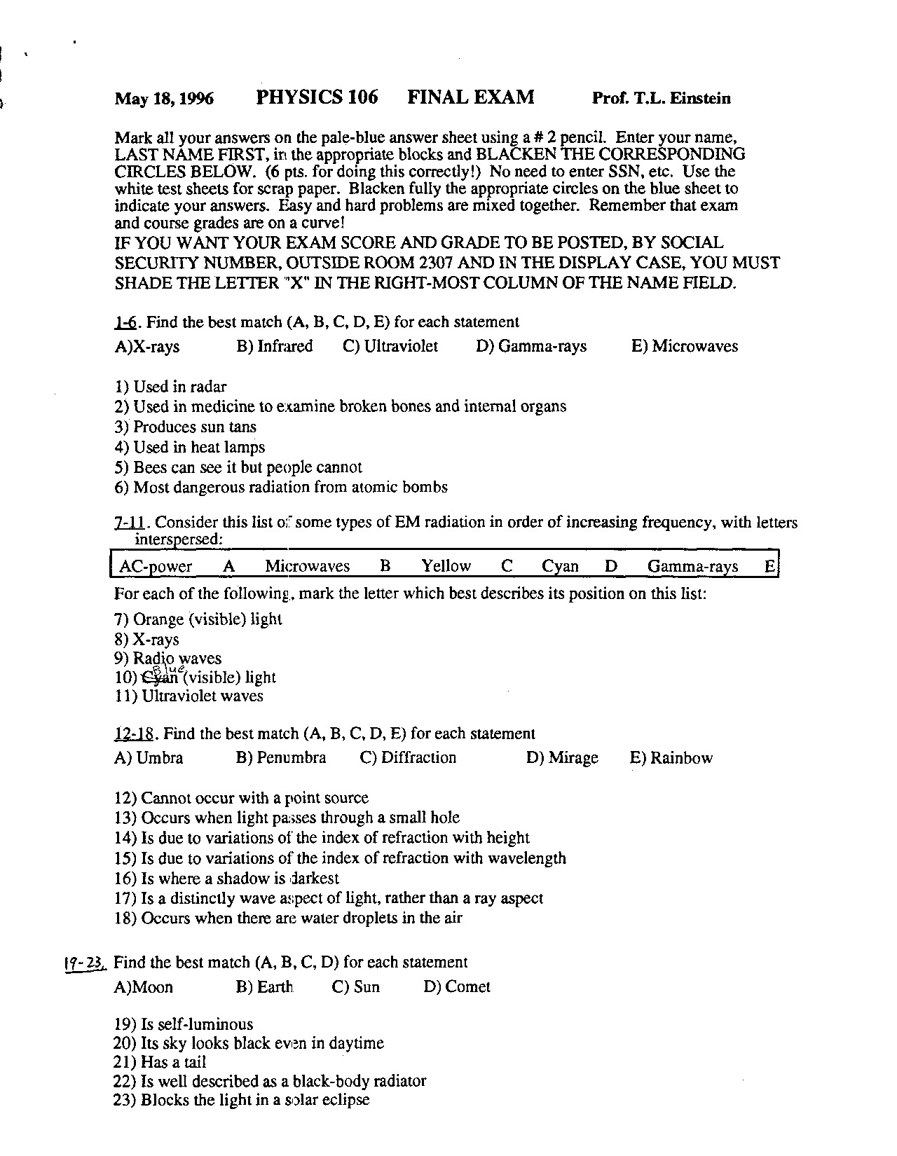 Old Final Exam Light Perception And Phenomenon Phys 106 Docsity