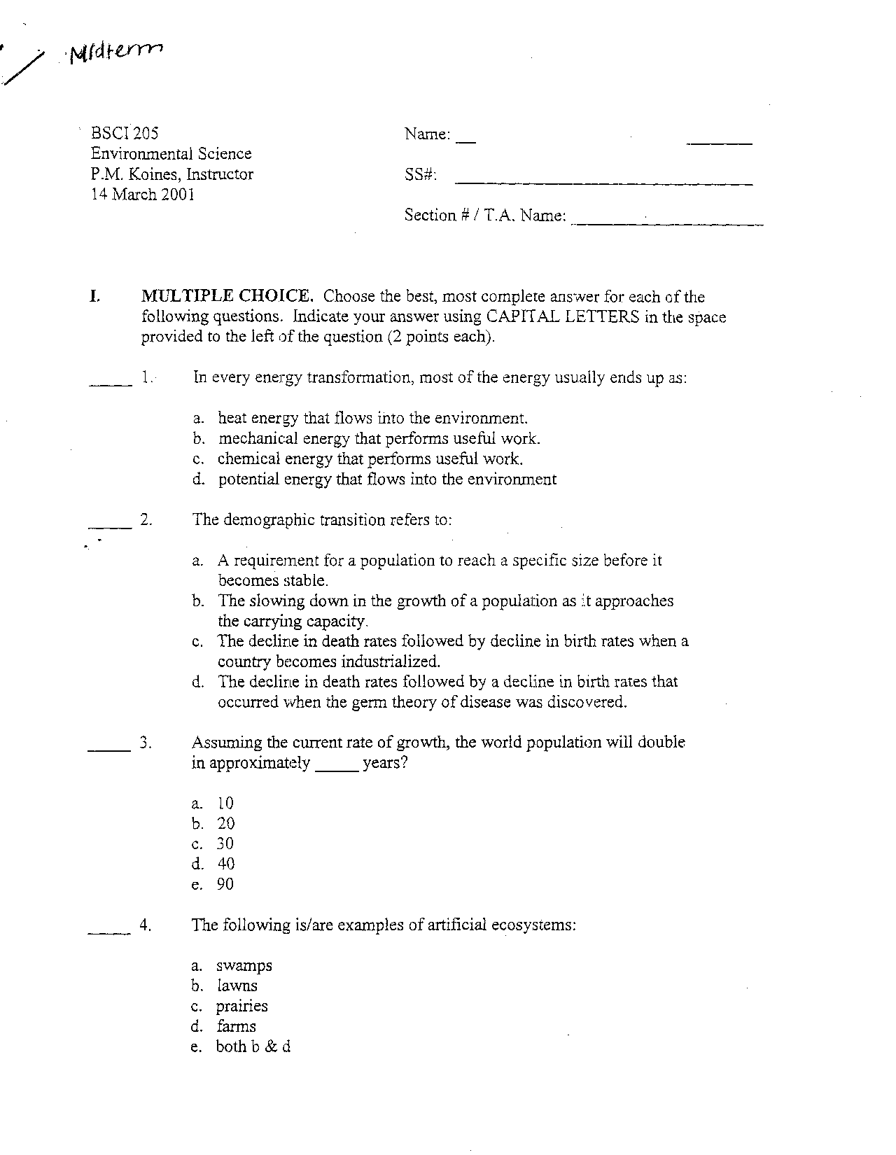 Midterm Exam Environmental Science Bsci 205 Docsity