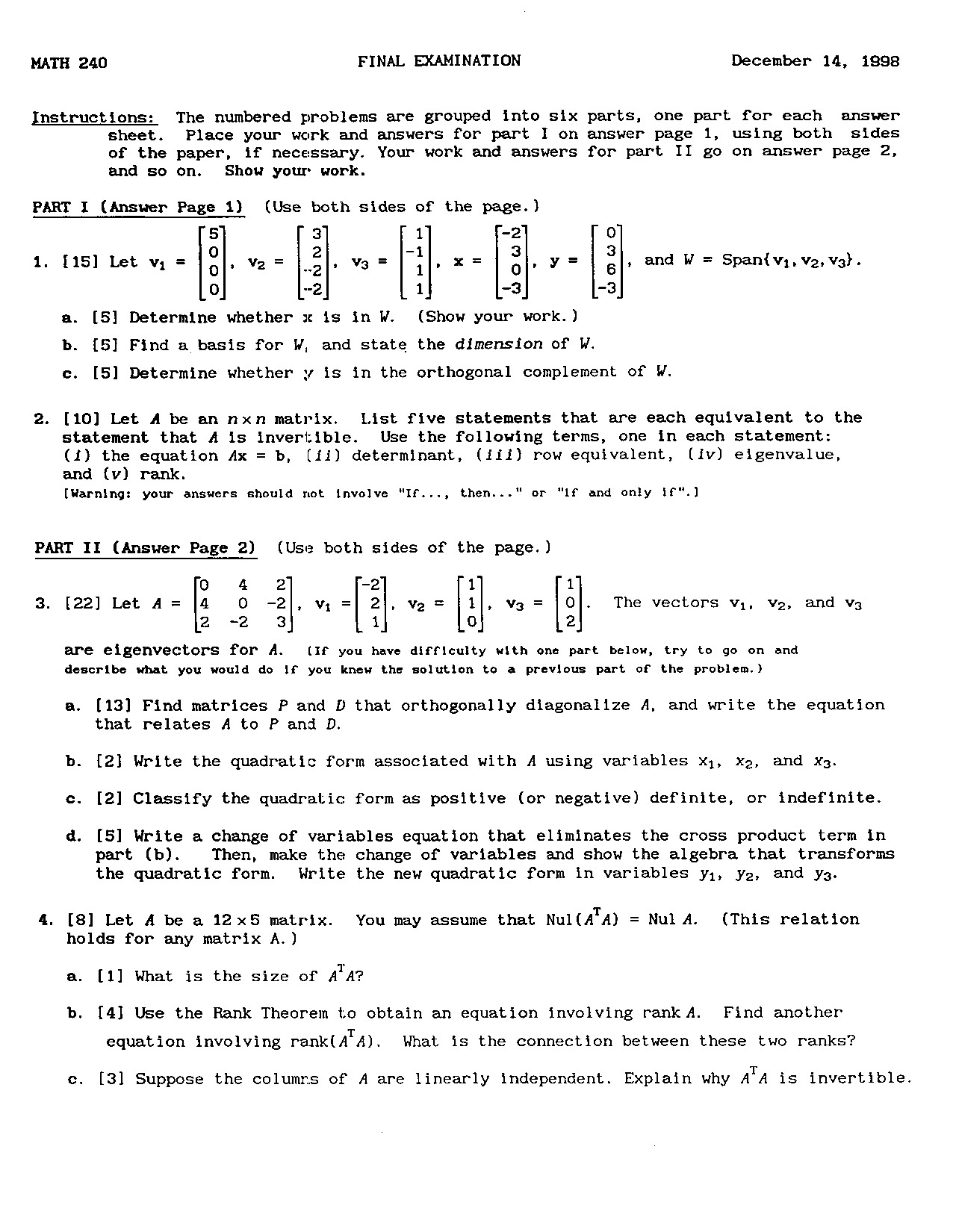 9 Questions on Linear Algebra - Final Examination | MATH 240 - Docsity