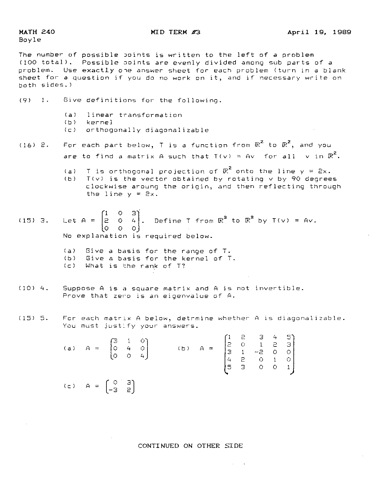Midterm Exam 3 Problem Introduction To Linear Algebra Math 240