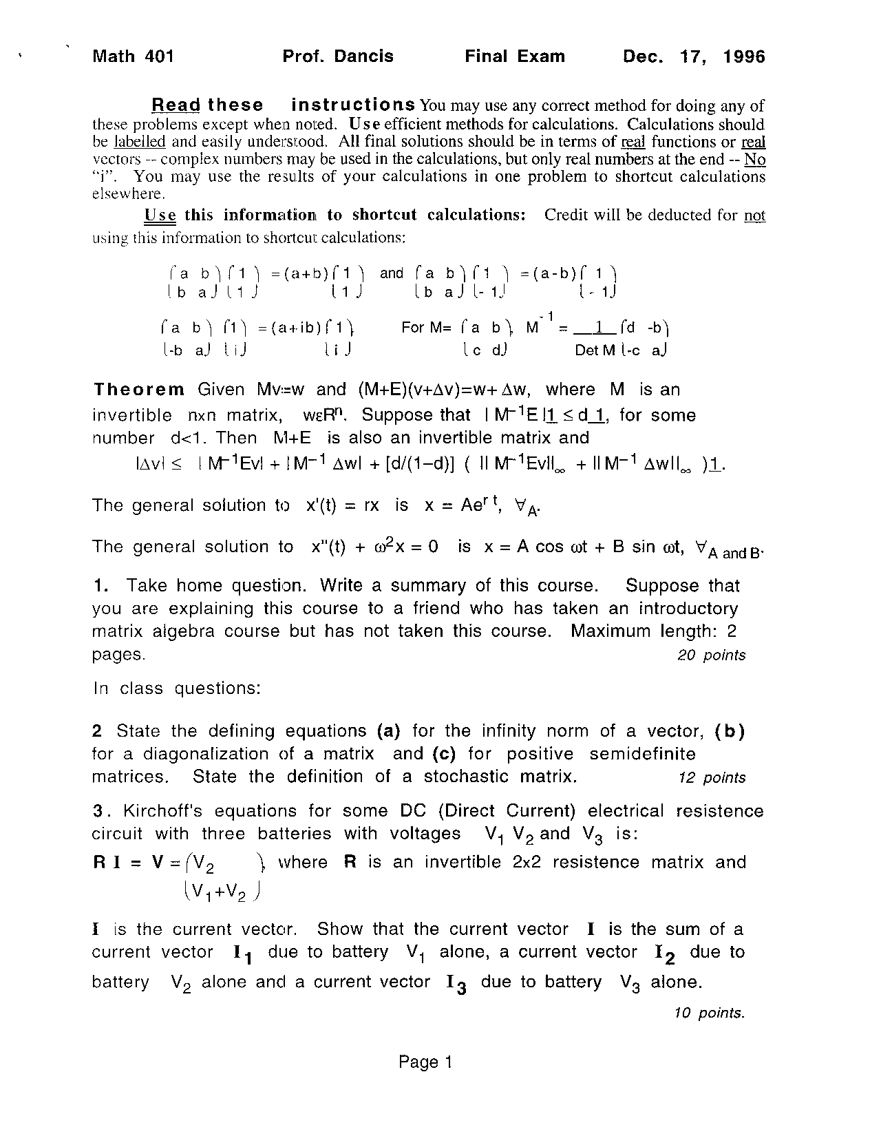 12 Unsolved Questions Final Exam Applications Of Linear Algebra