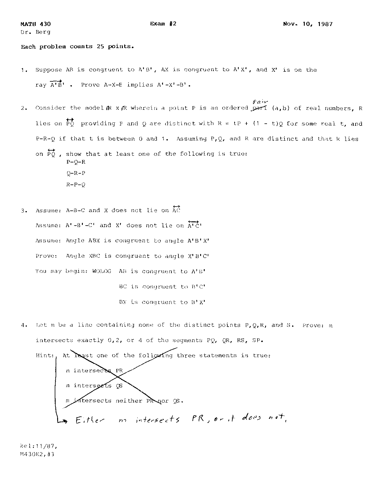 Exam 2 For Euclidean And Non Euclidean Geometries Math 430 Docsity