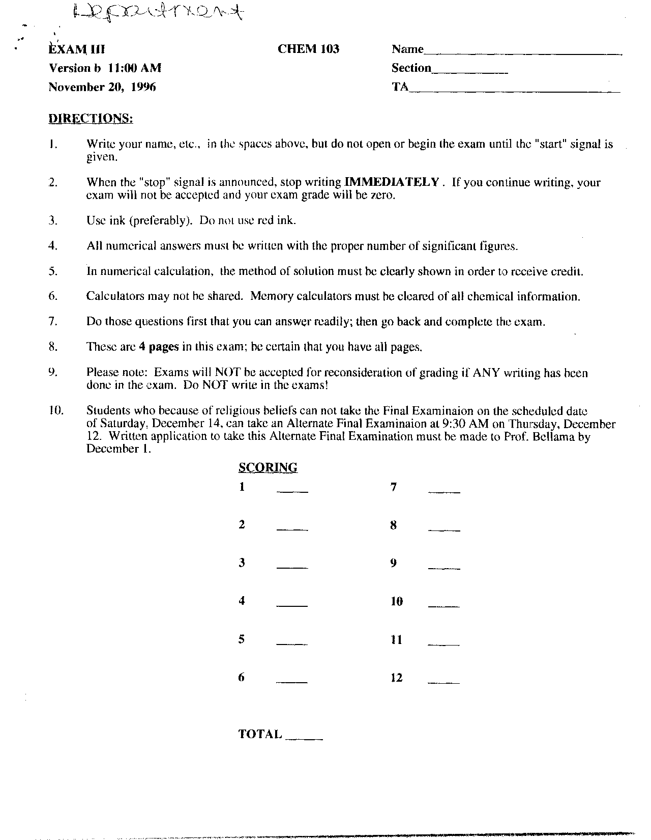 Exam 3b With Questions Chemistry Fundamentals I Chem 131 Docsity
