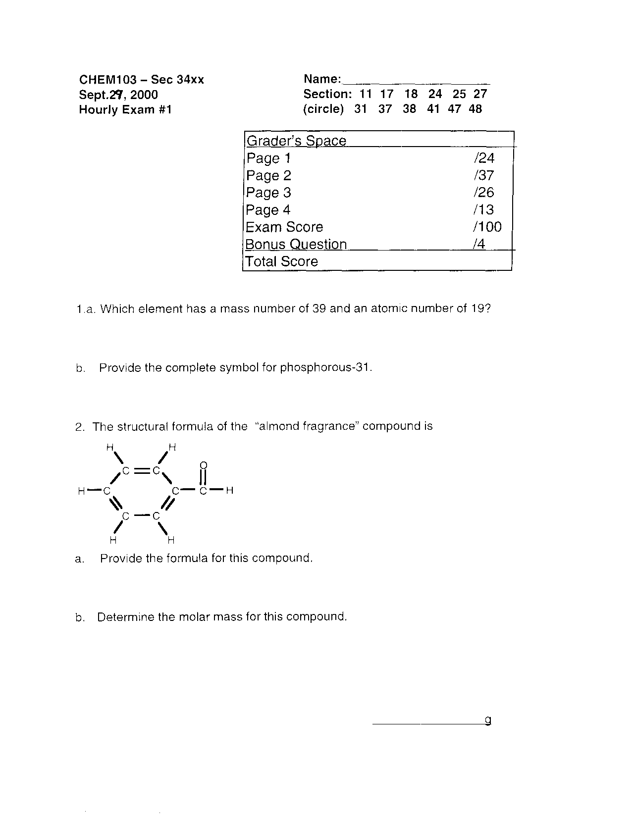 Questions In Exam 1 Chemistry Fundamentals I 2000 Chem 131 Docsity