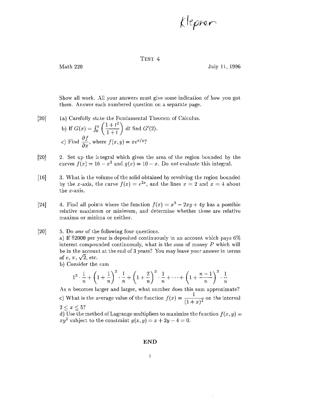 5 Questions In Test 4 Elementary Calculus I Math 220 Docsity