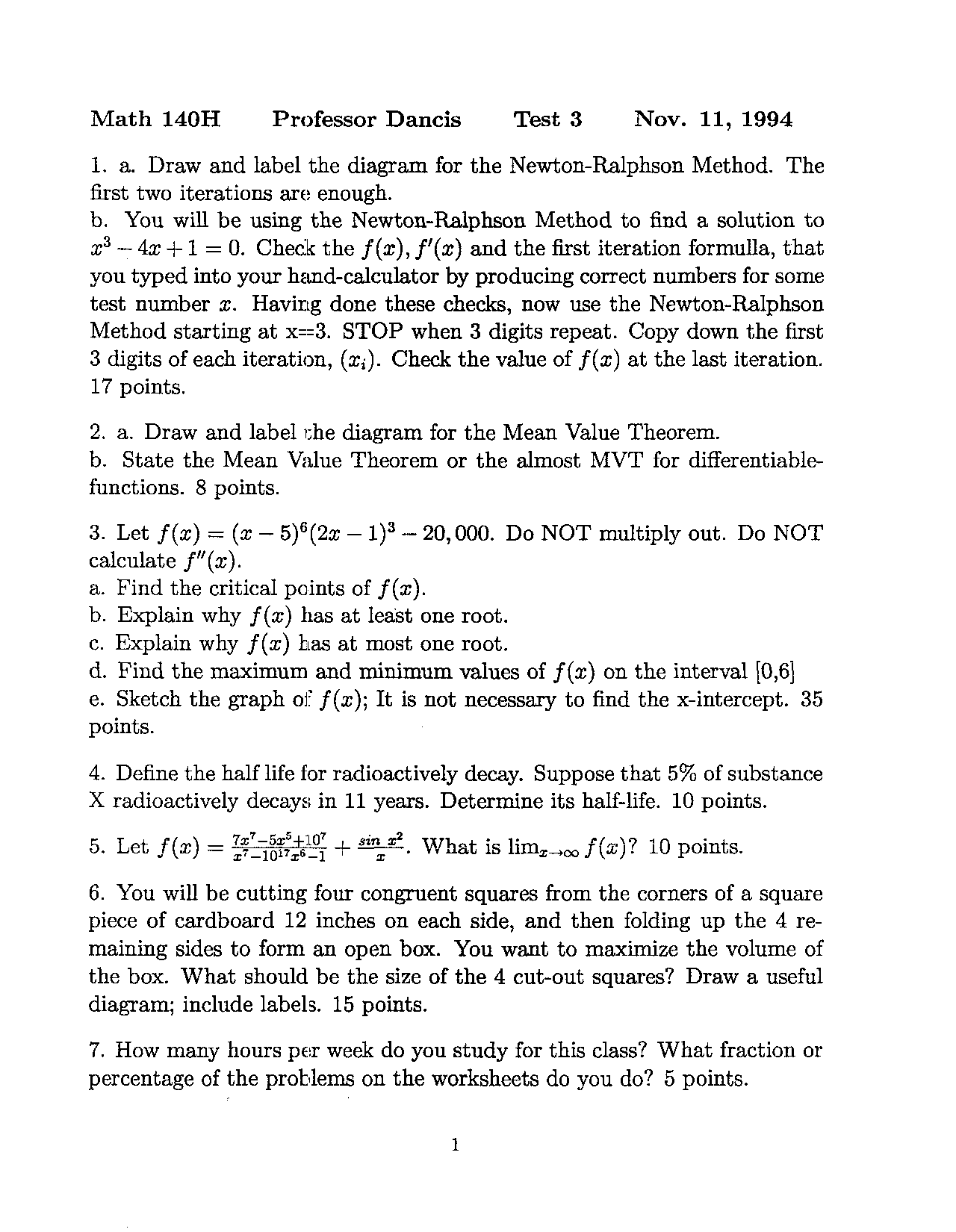 7 Questions in Past Exam 3 - Calculus I - 1994 | MATH 140H - Docsity