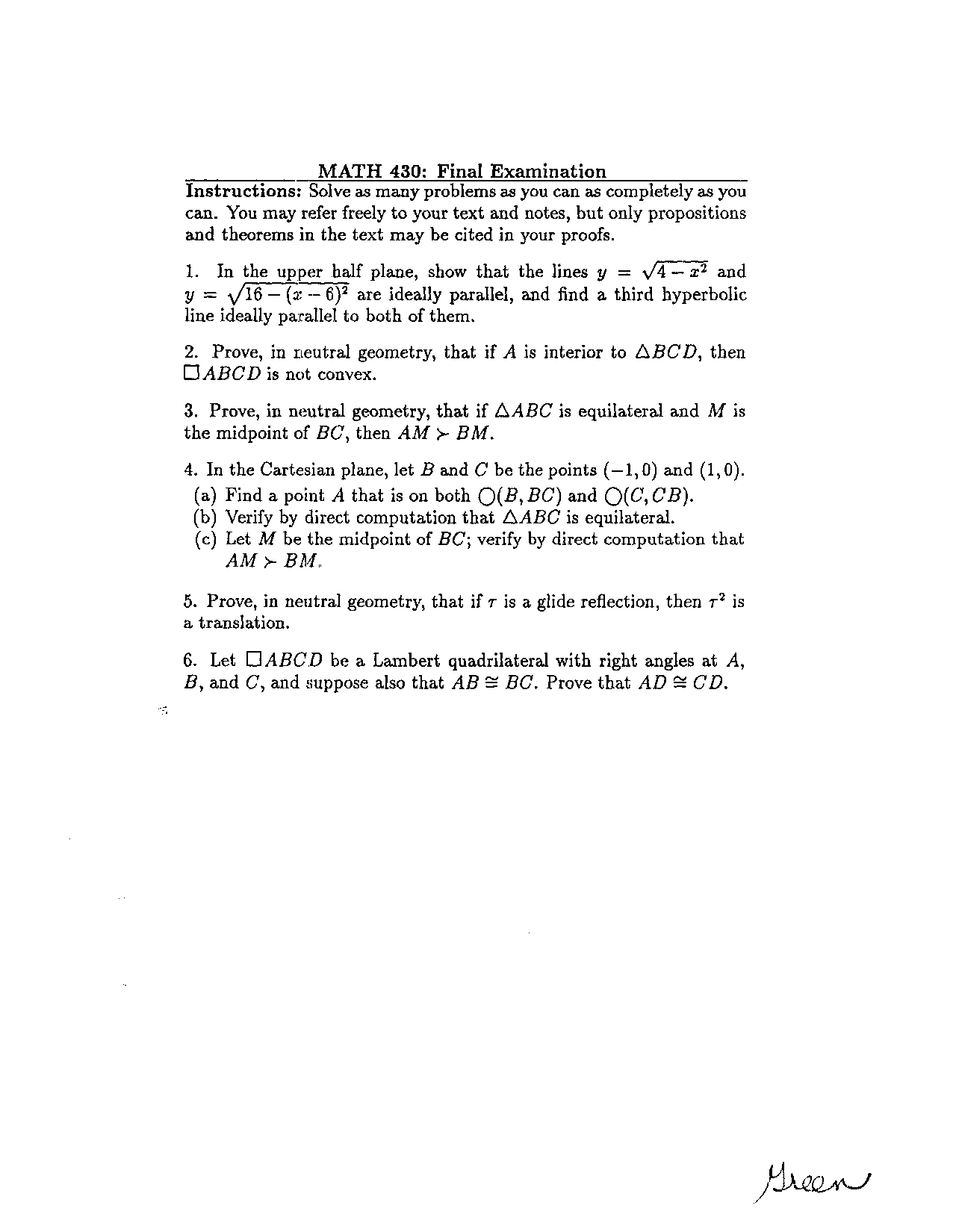 Final Exam For Euclidean And Non Euclidean Geometries Math 430 Docsity