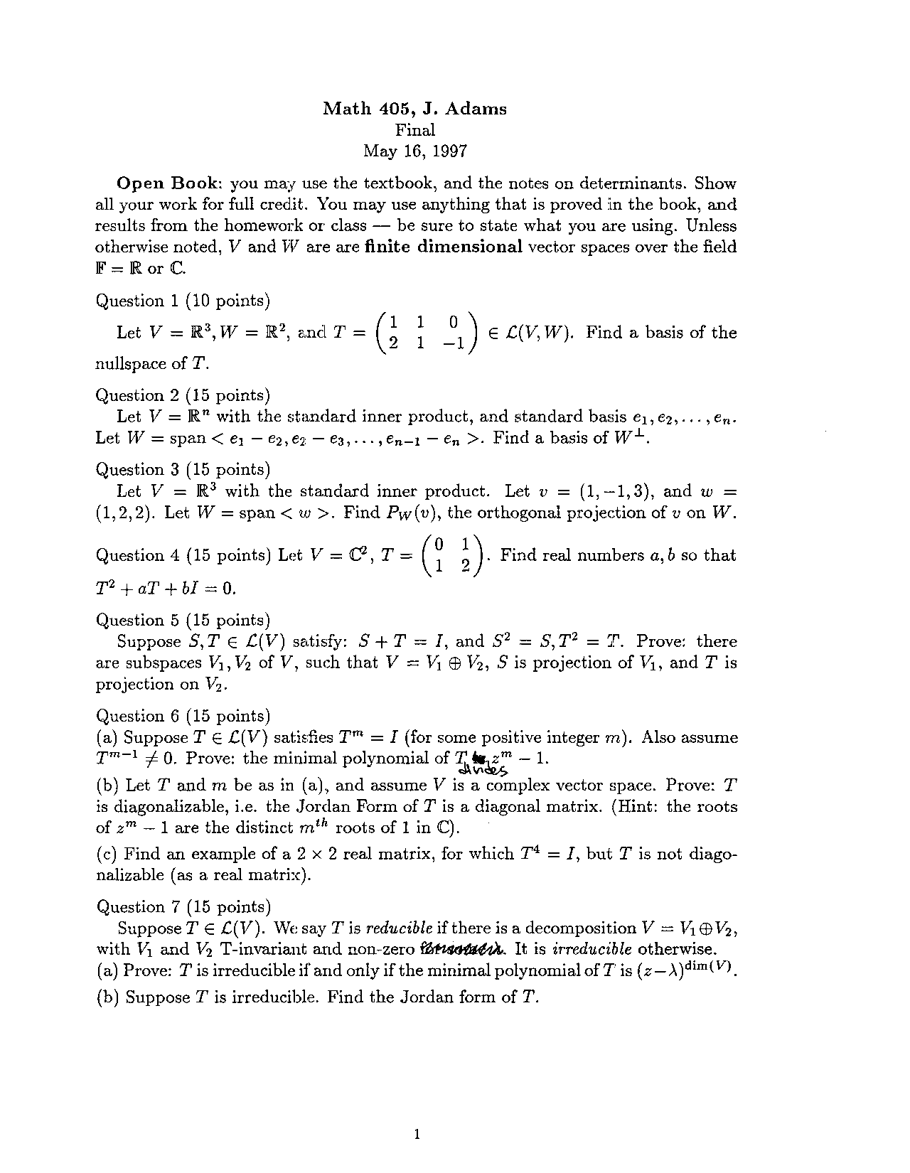 Practice Final Exam Linear Algebra Fall 1997 Math 405 Docsity