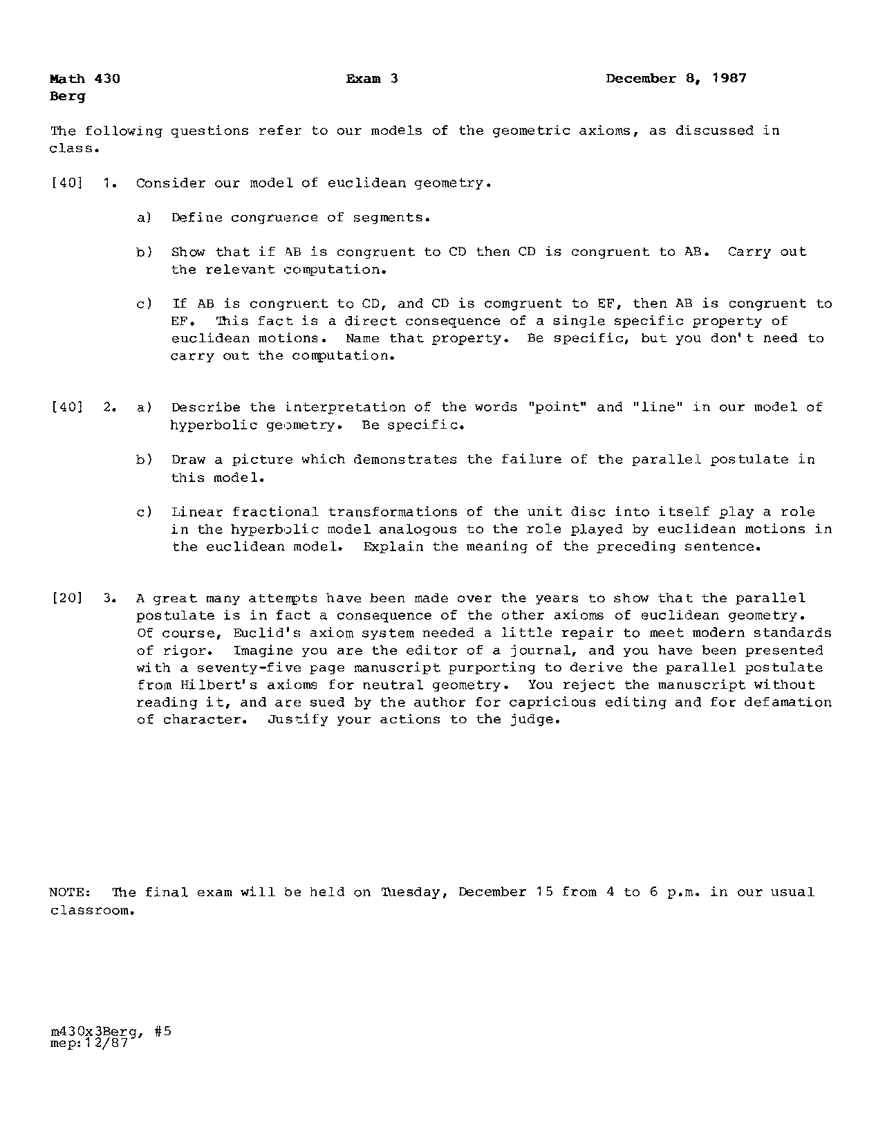 Exam 3 Questions Euclidean And Non Euclidean Geometries Math 430