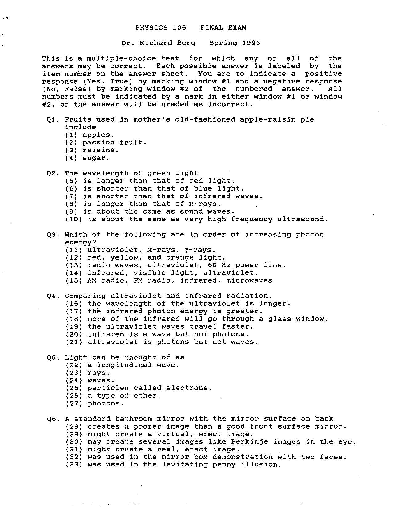 Final Exam Light Percept And Phenomenon Phys 106 Docsity