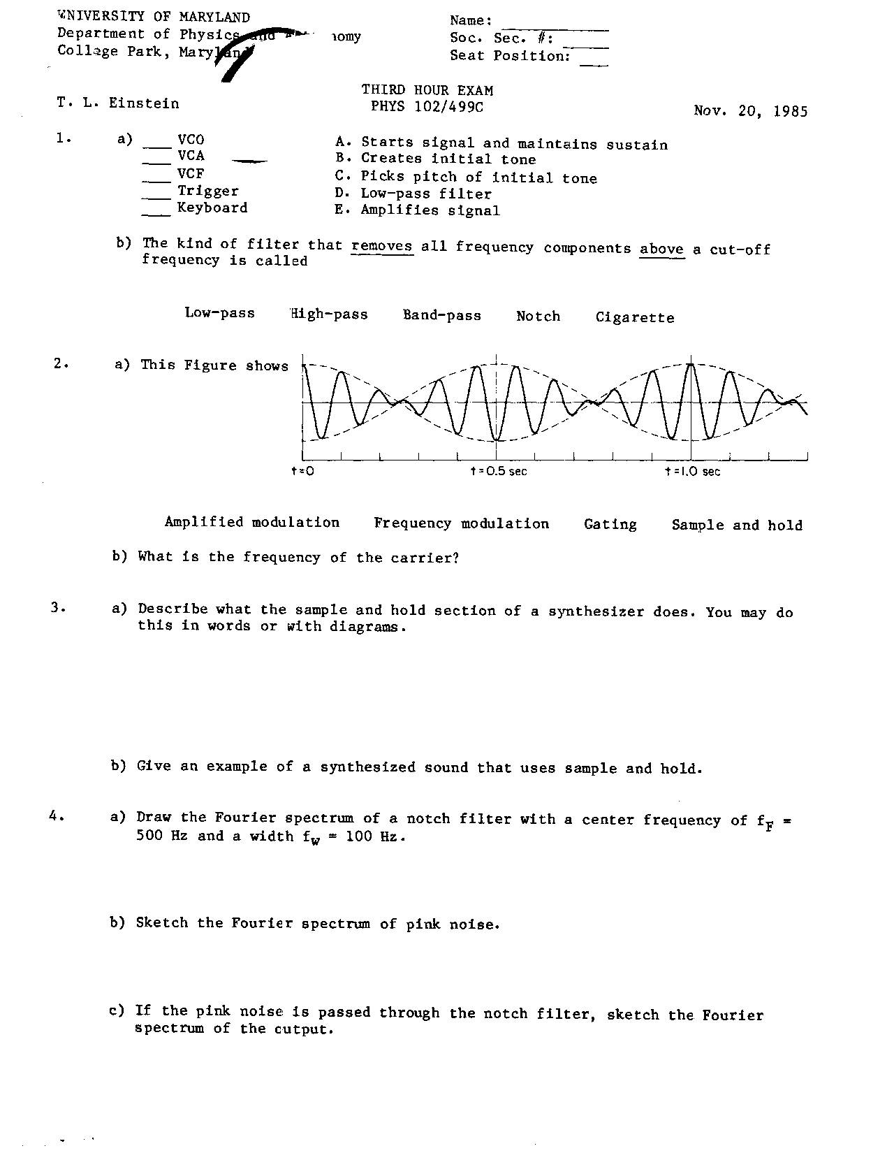 Third Exam With Answer Physics Of Music Phys 102 Docsity