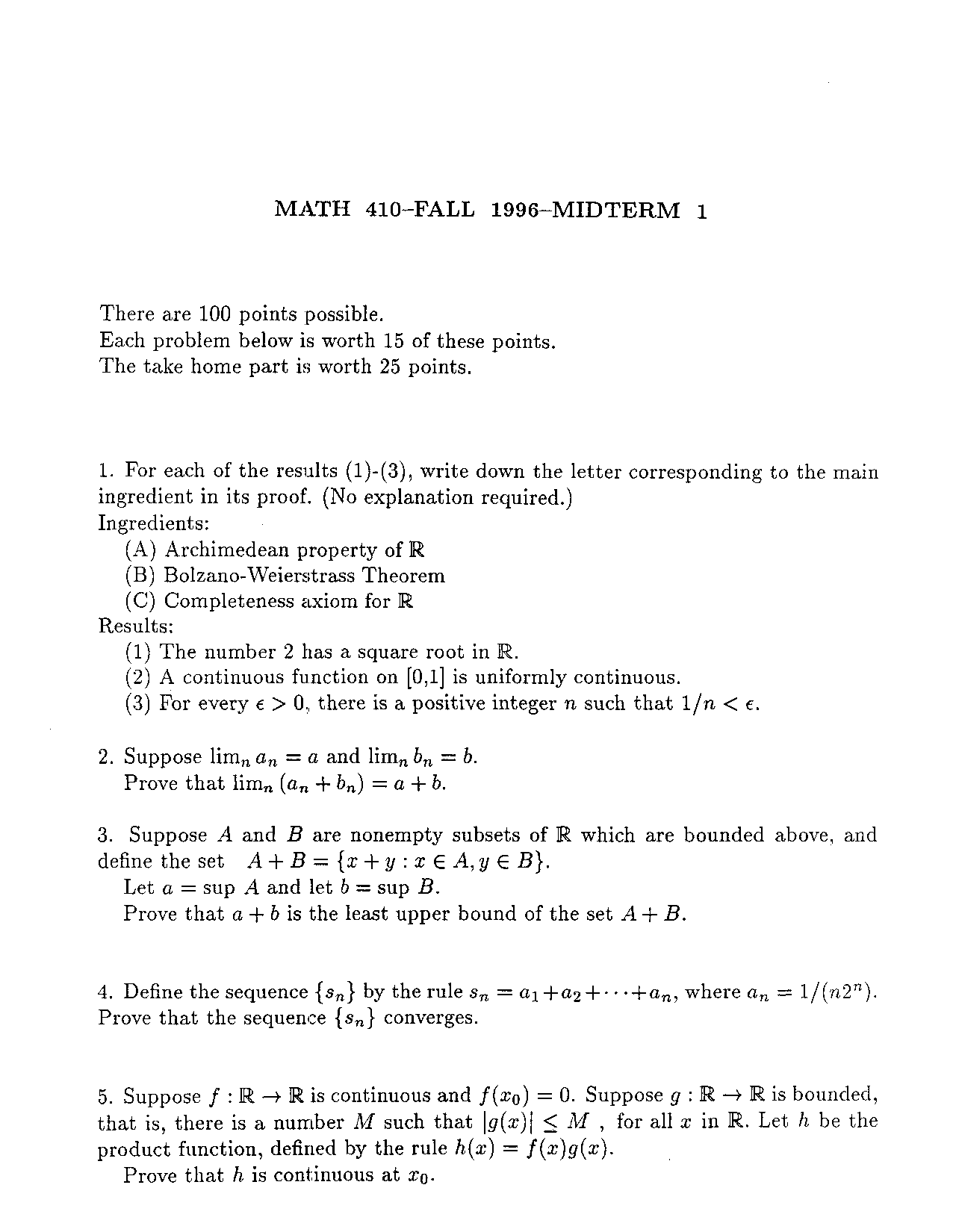 5 Problems In Midterm Exam 1 Advanced Calculus I Math 410 Docsity