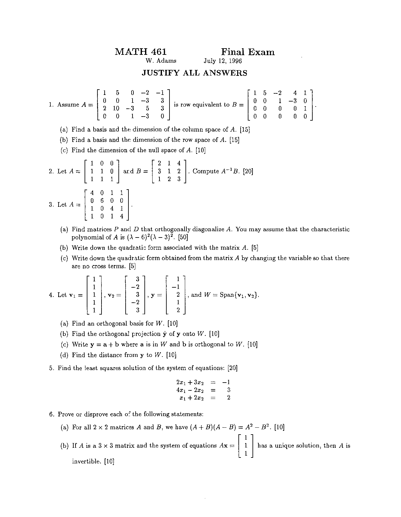 6 Questions Of Linear Algebra For Science Practice Exam Math 461