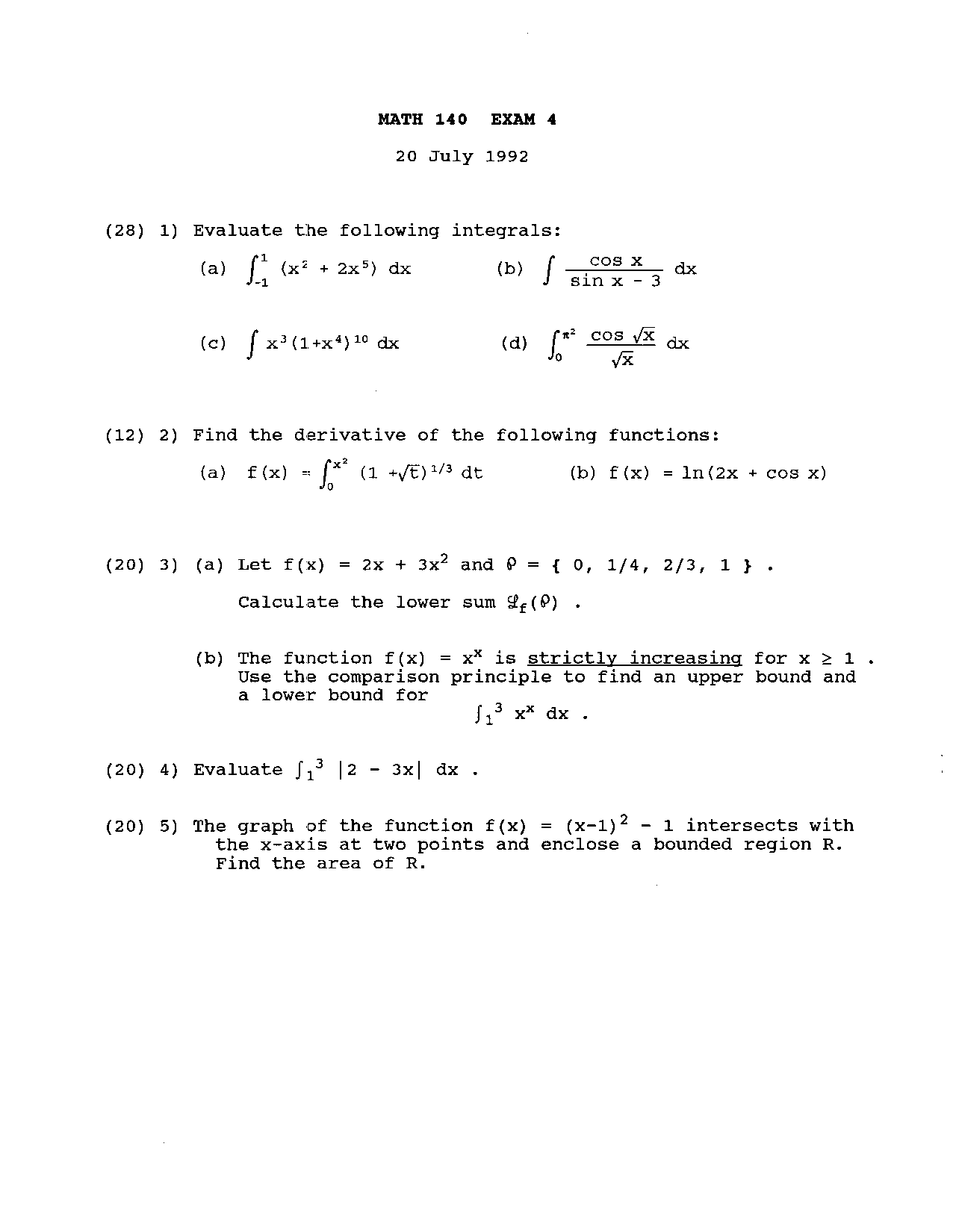 5 Questions in Past Exam 4 - Calculus I | MATH 140 - Docsity