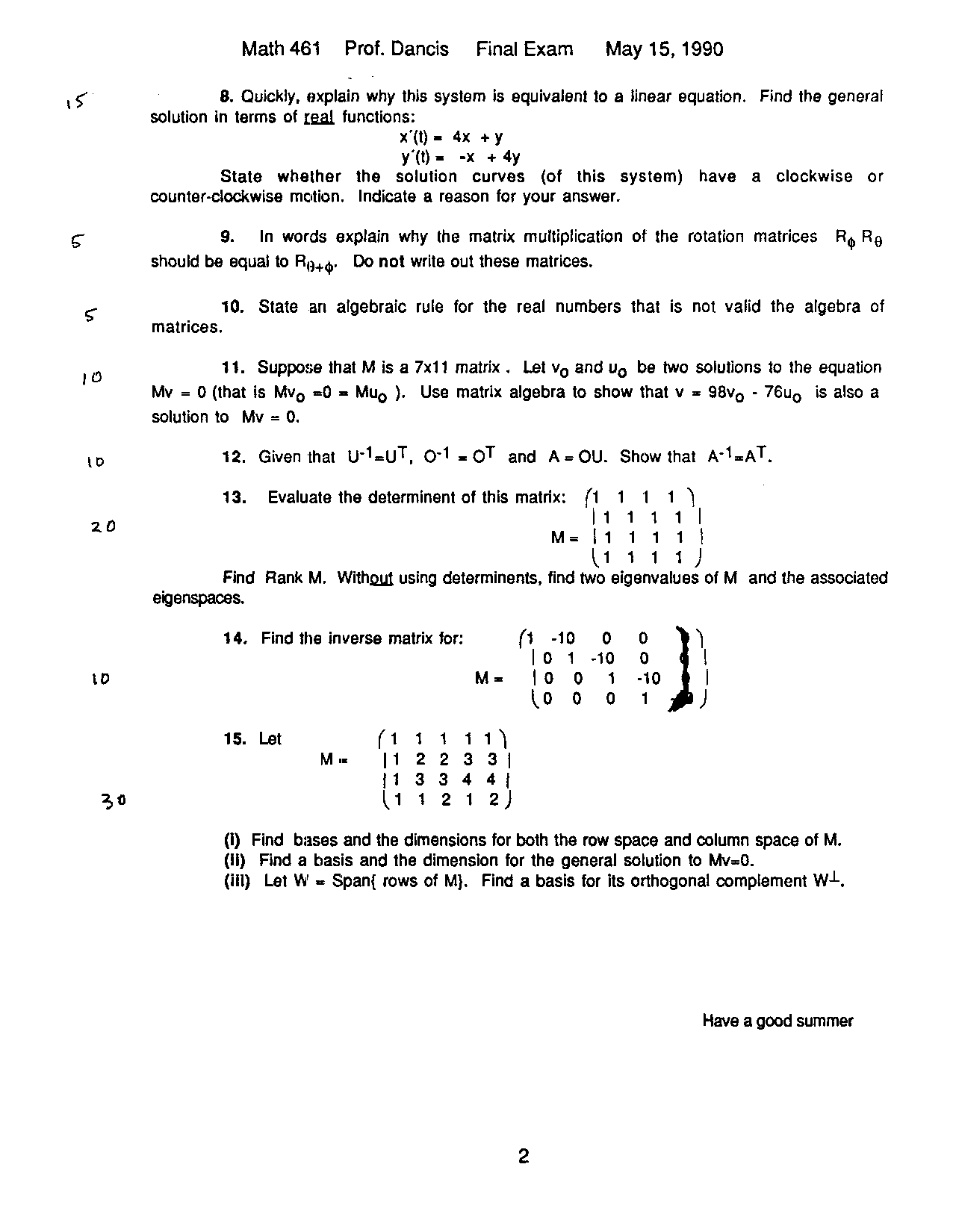 Final Exam Questions Linear Algebra For Scientists And Engineers 1990