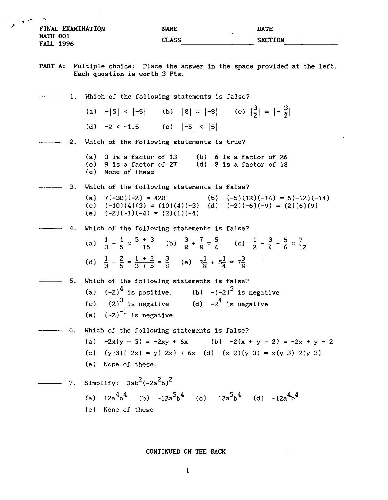 Final Examination With 21 Questions Development Through Life Math