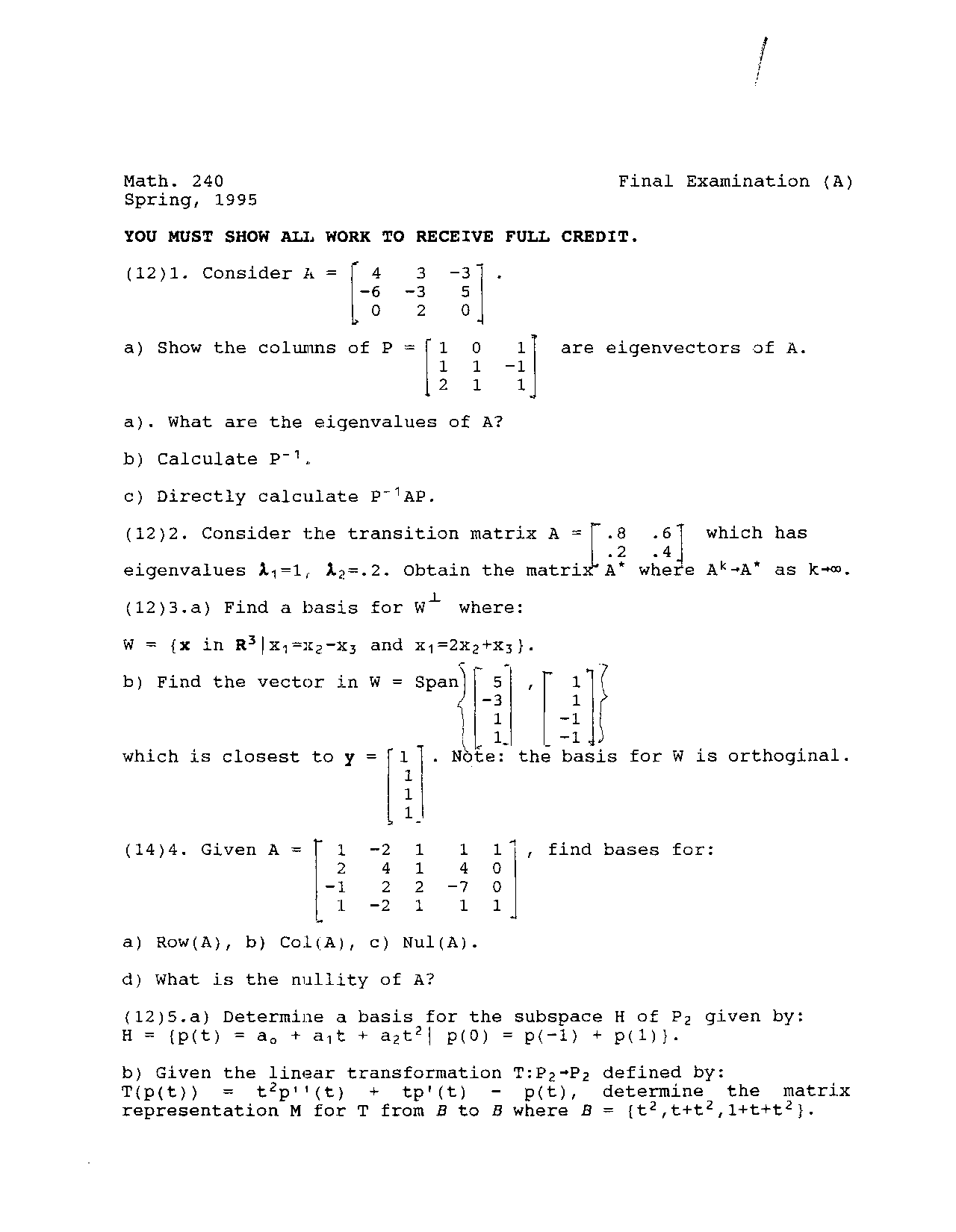 Final Examination A Problems Introduction To Linear Algebra Math