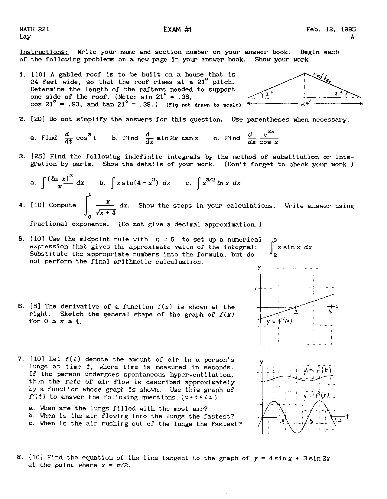 Elemental Calculus I - 8 Questions - Exam 1 - Fall 1995 | MATH 221 ...