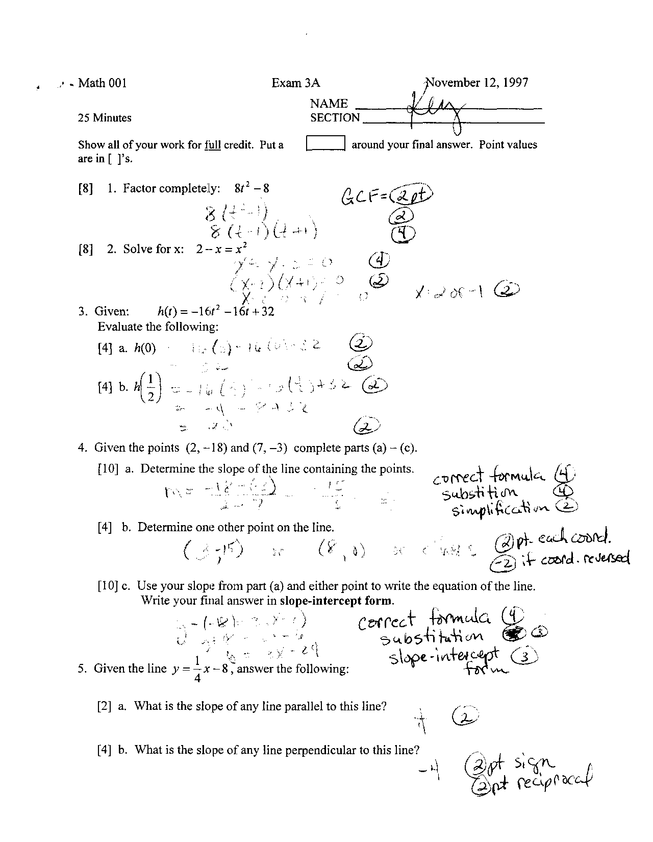 Exam 3A with Answer Key - Development Mathematics | MATH 003 - Docsity