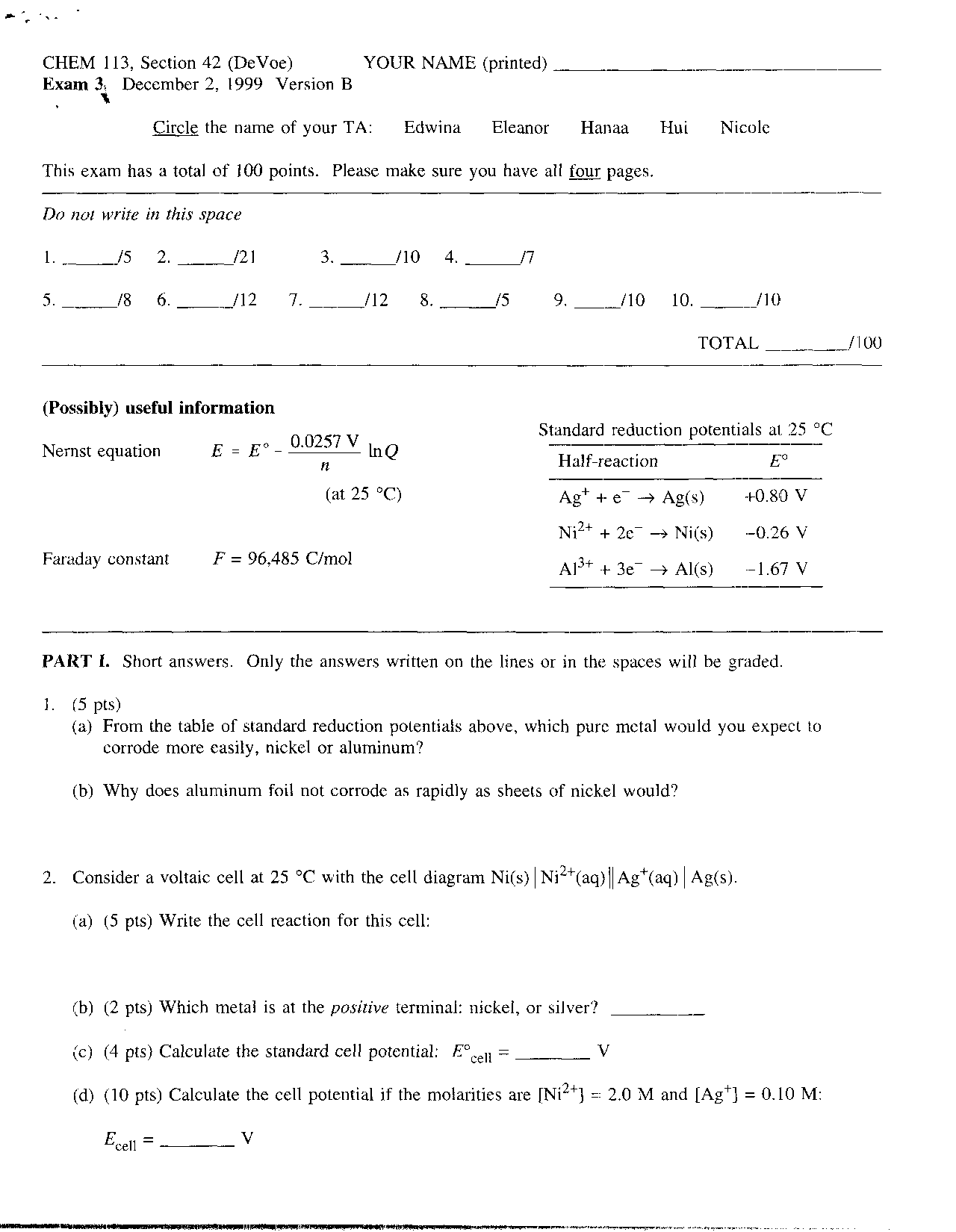4 Questions Exam 3 Fundamental Chemistry Chem 271 Docsity