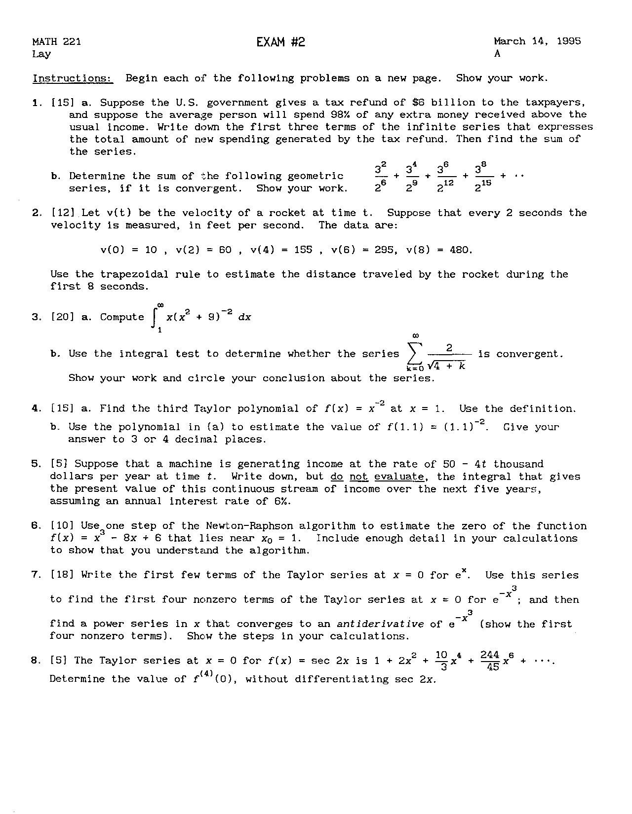 Exam 2 With 8 Questions Elementary Calculus I Math 221 Docsity